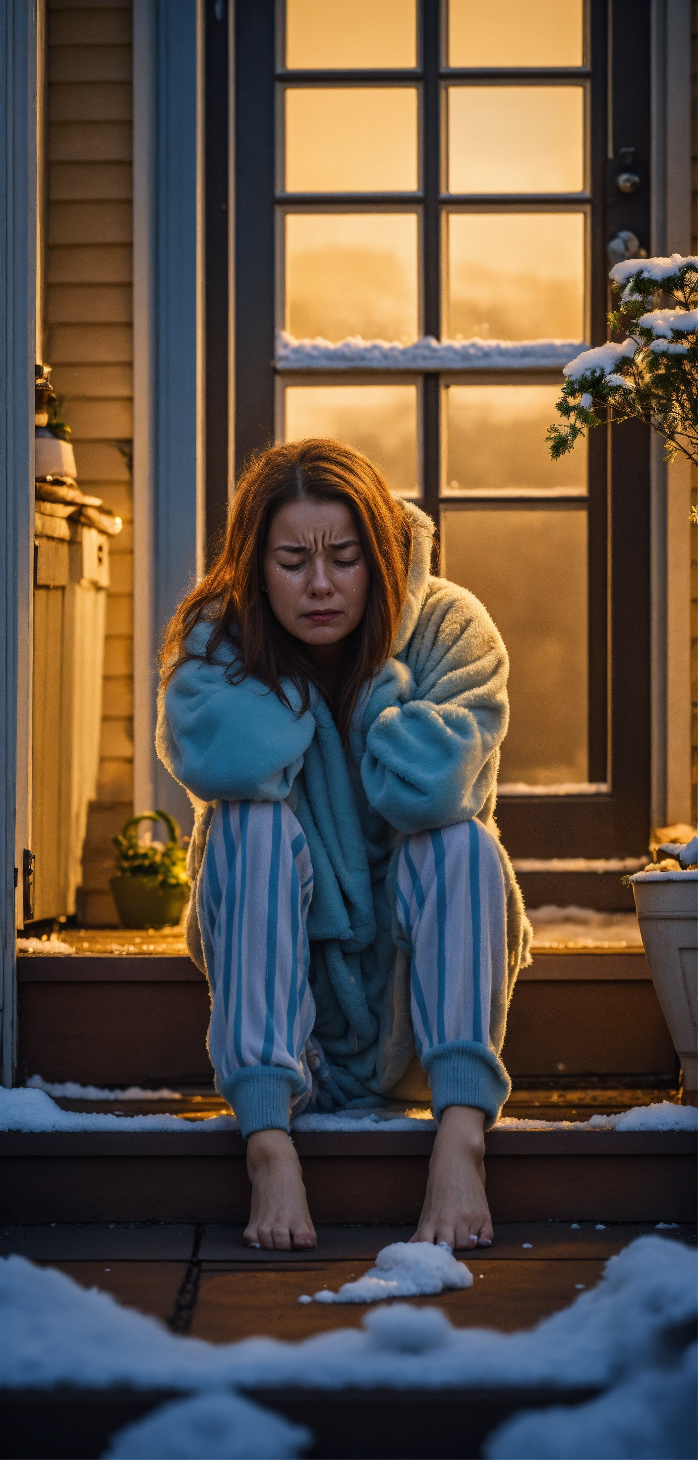 Lexica - A woman is sitting on the doorstep of a house outside in the ...