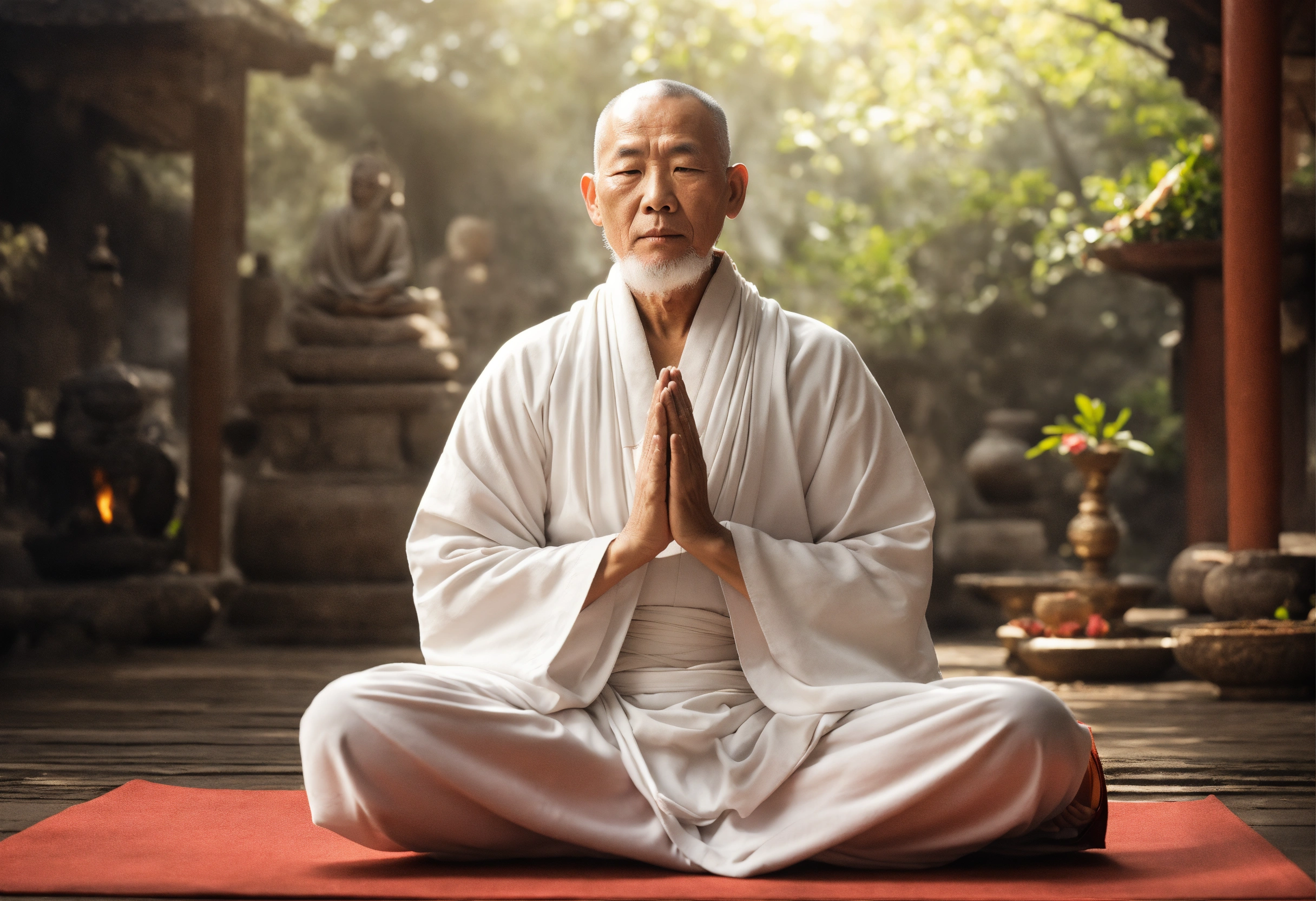 Lexica - Wise monk wearing white clothes sitting in meditation