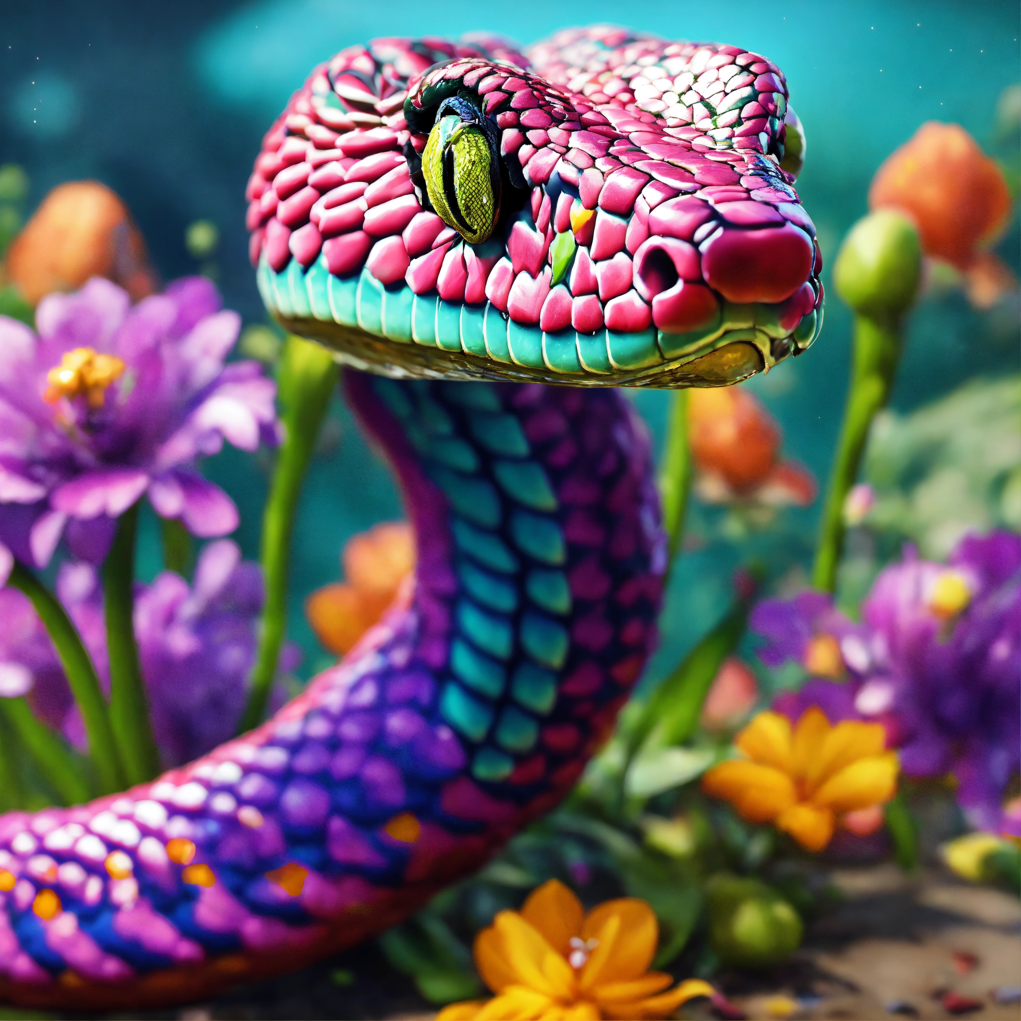 Lexica - Snake head seymour with flowers and vibrant colors, unreal ...
