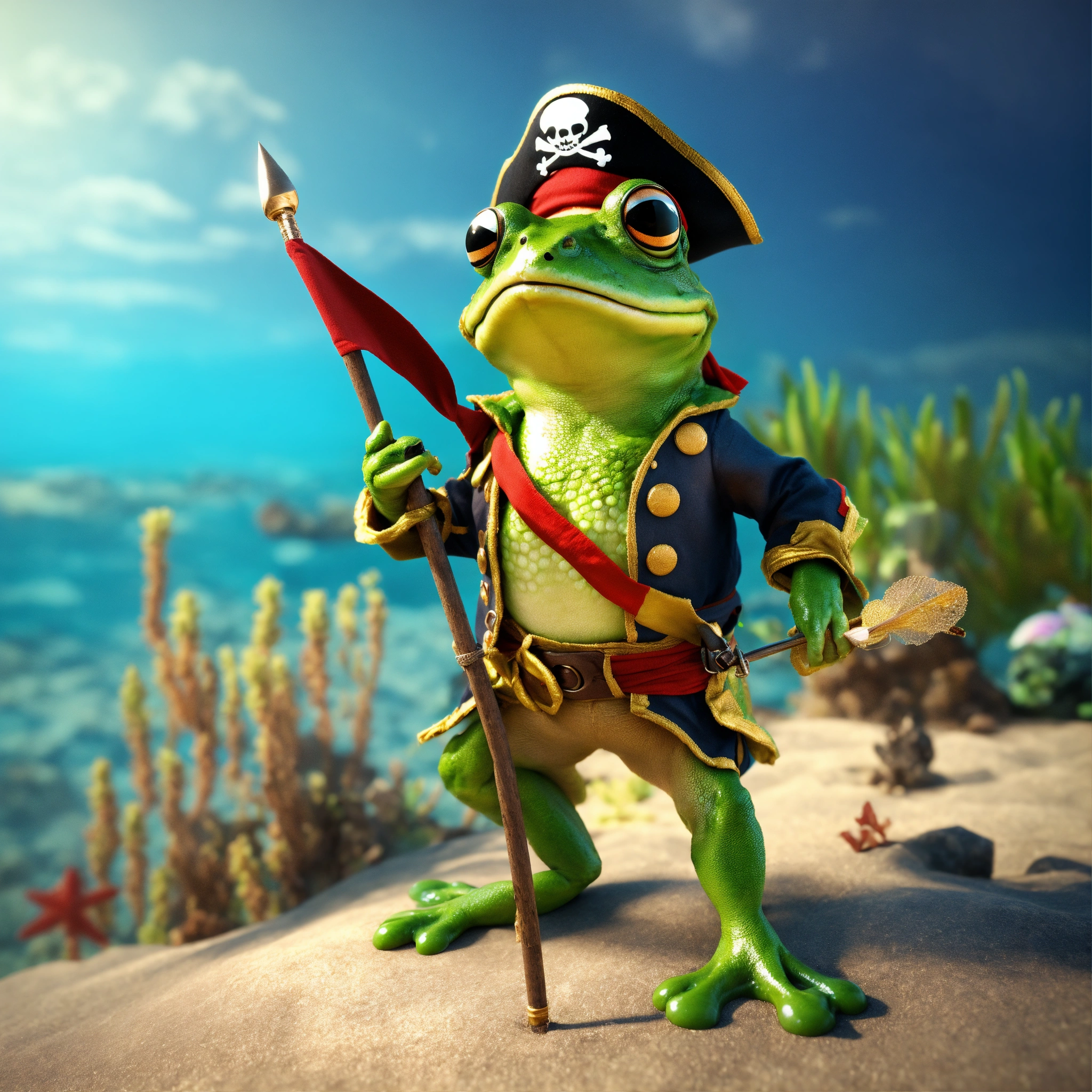 Lexica - Pirate frog, wearing a pirate hat, holding a pirate flag ...