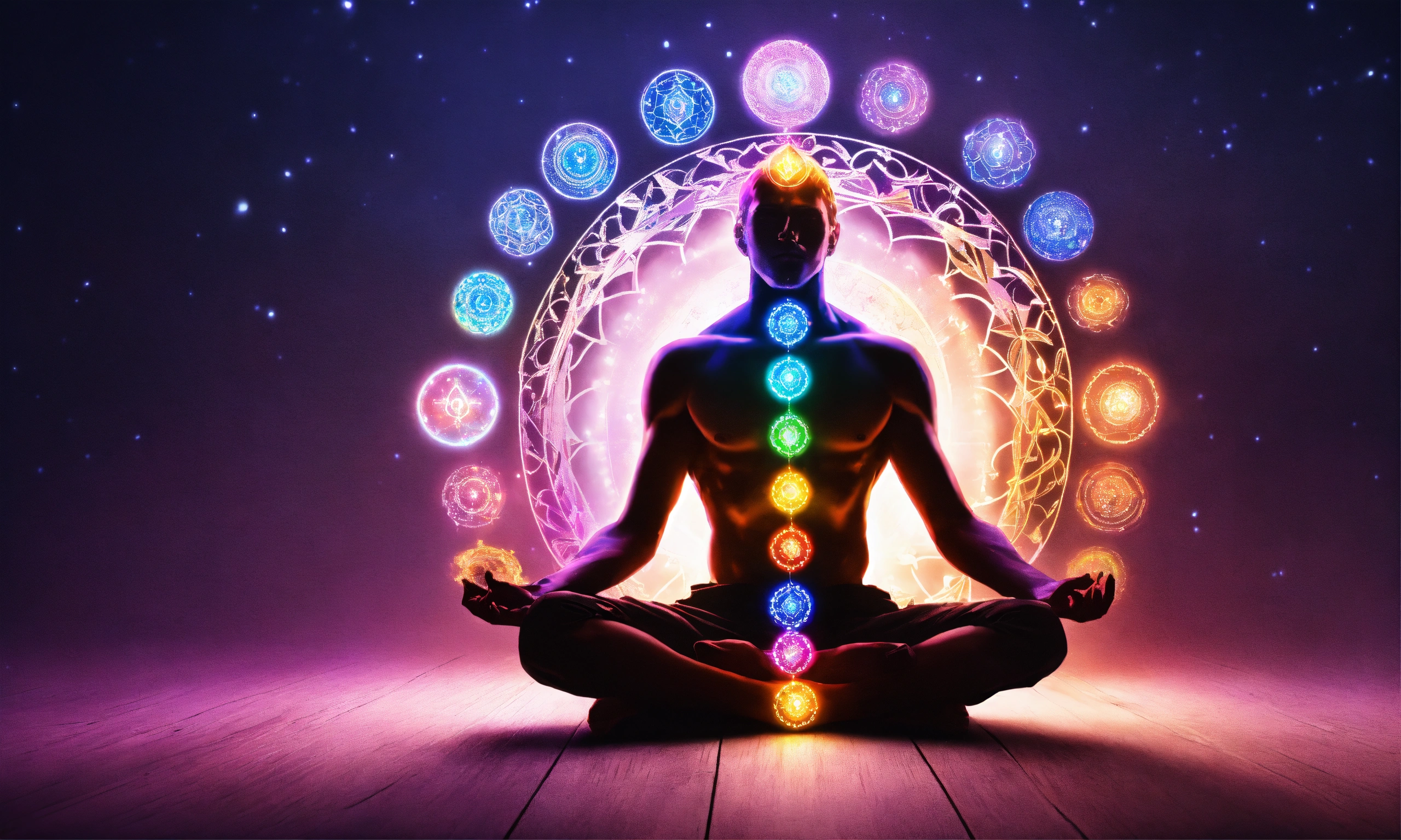Lexica - Man sitting, chakras lit up, 4k, high resolution, photo quality