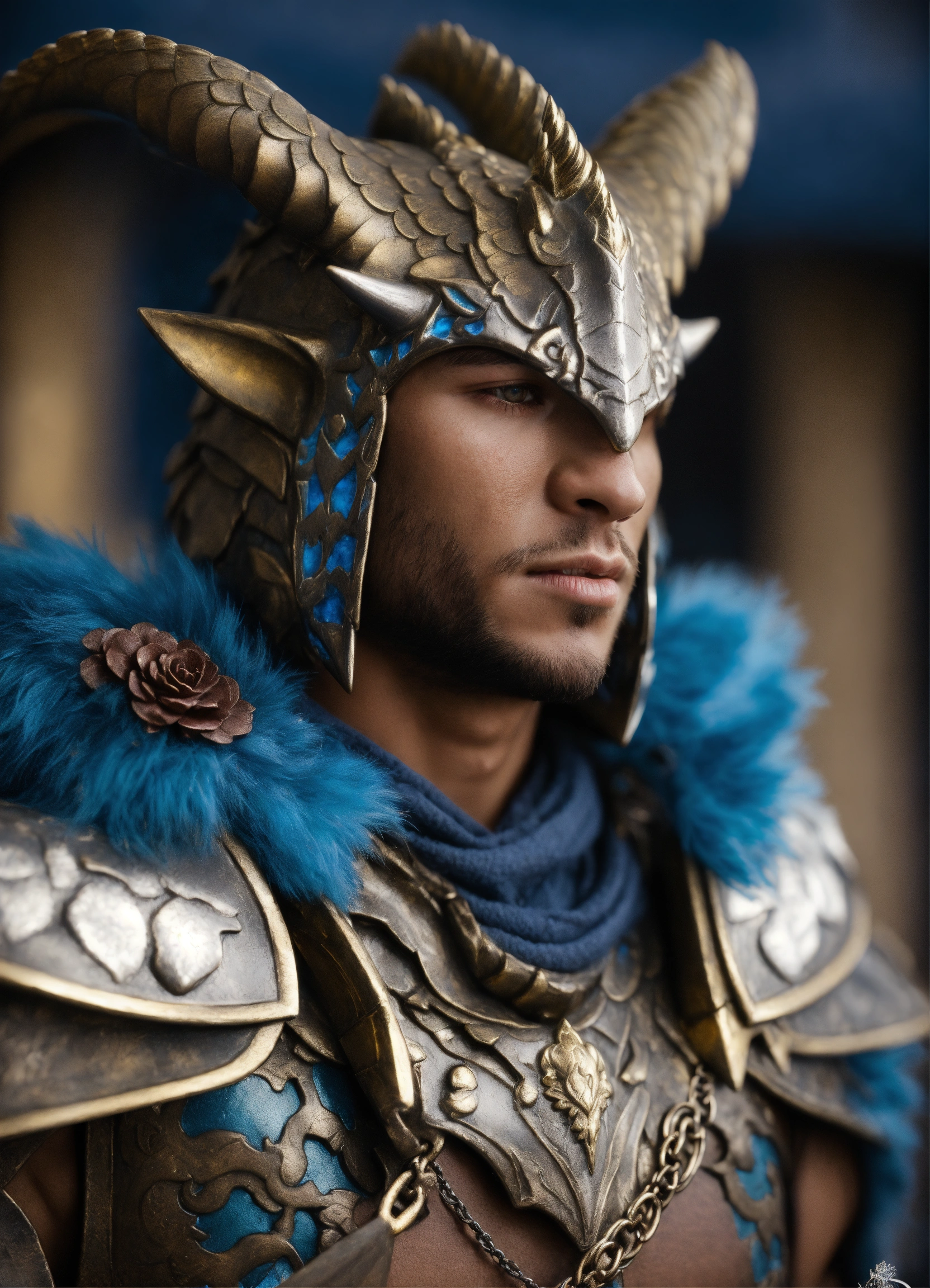 Lexica - Dragonborn, male, bronze, silver chest scales, white blue horns