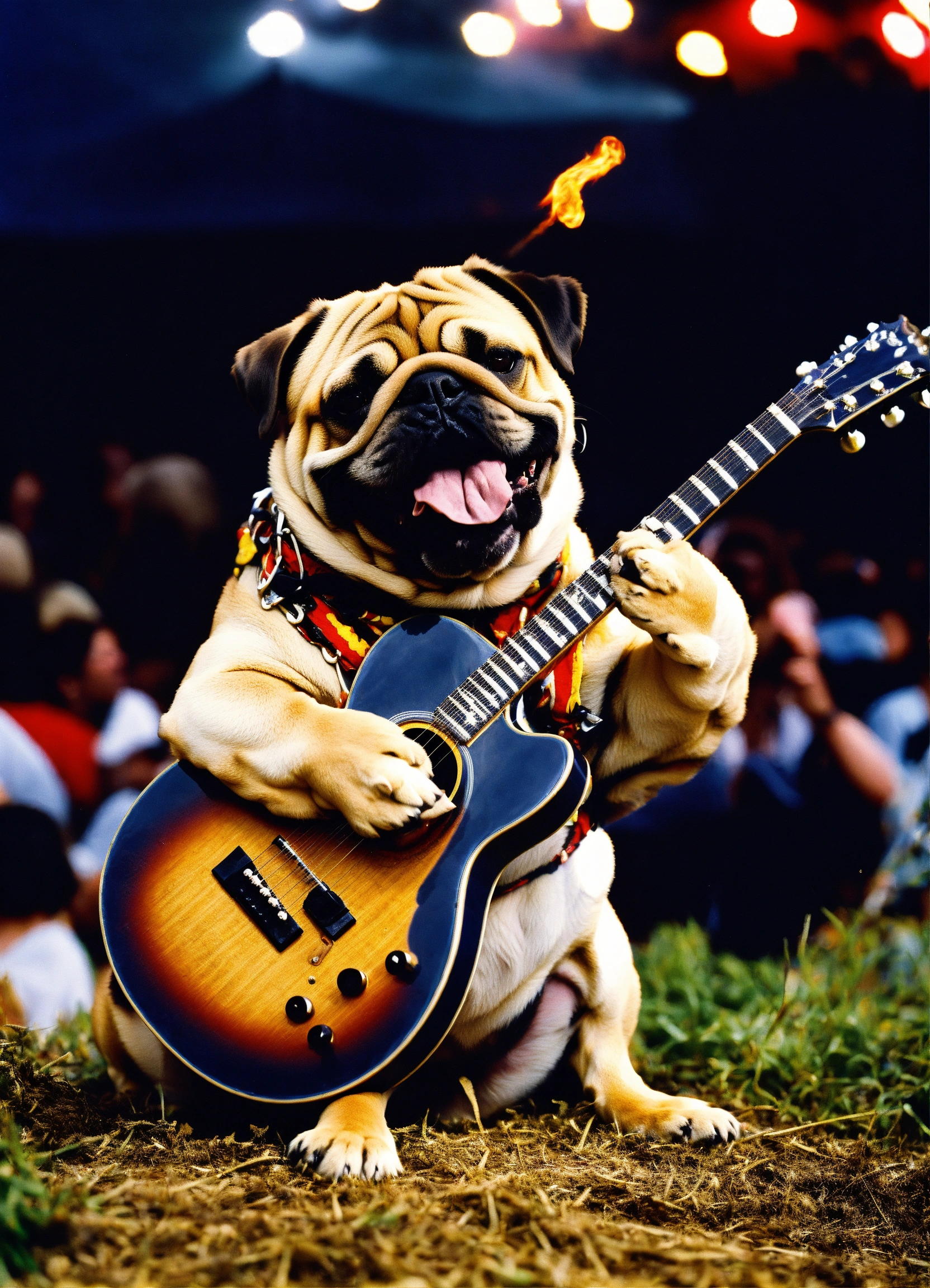 Lexica - A bulldog/pug playing guitar at a concert at Woodstock 1969 ...