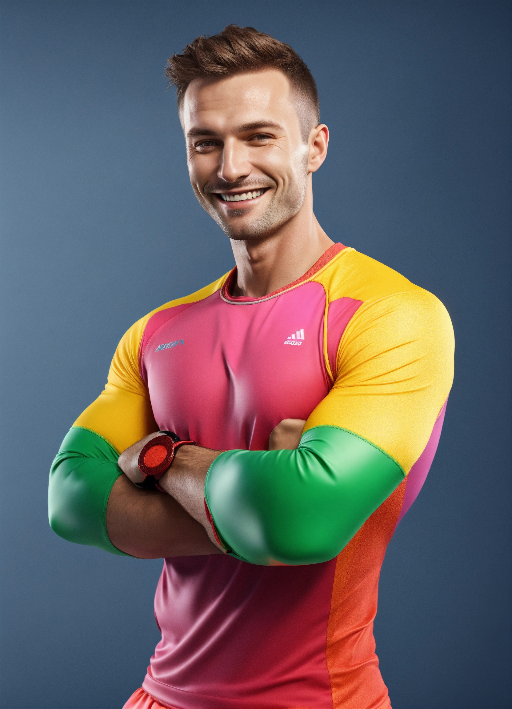 Lexica - A smiling russian man, colorful fitness wear, studio photo ...