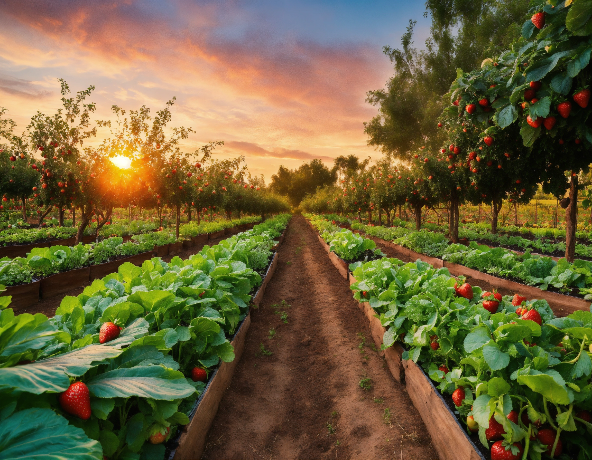 Lexica - Sunset over a heavenly vegetable garden surrounded by apple ...