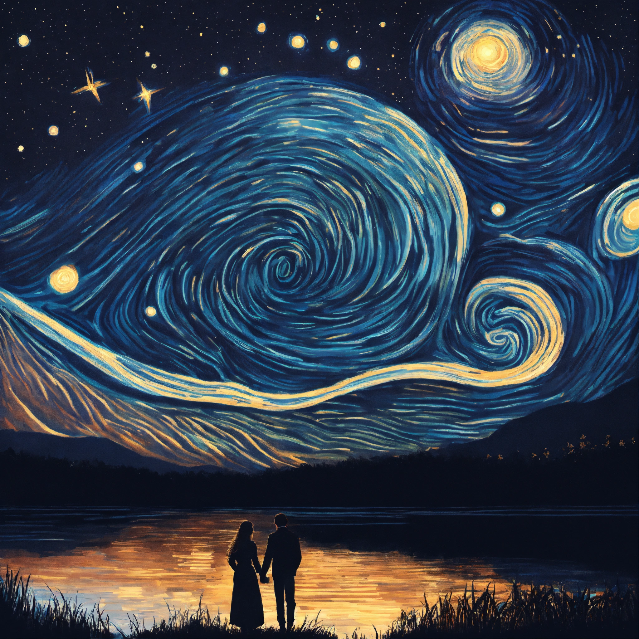 Lexica - Two lovers, starry night, realistic drawing style