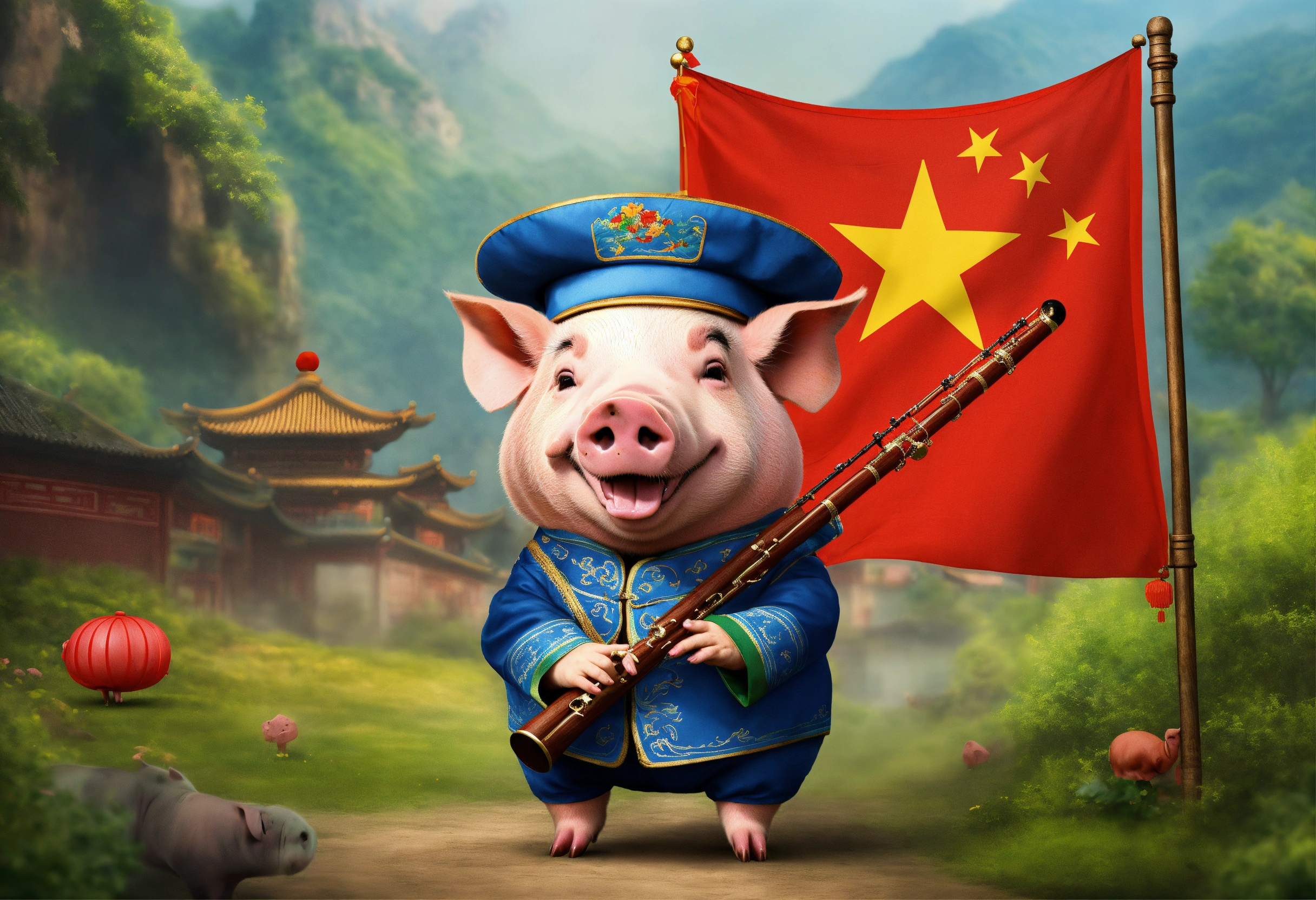 Lexica - A Chinese flag with a happy pig dressed as a man, the pig is ...
