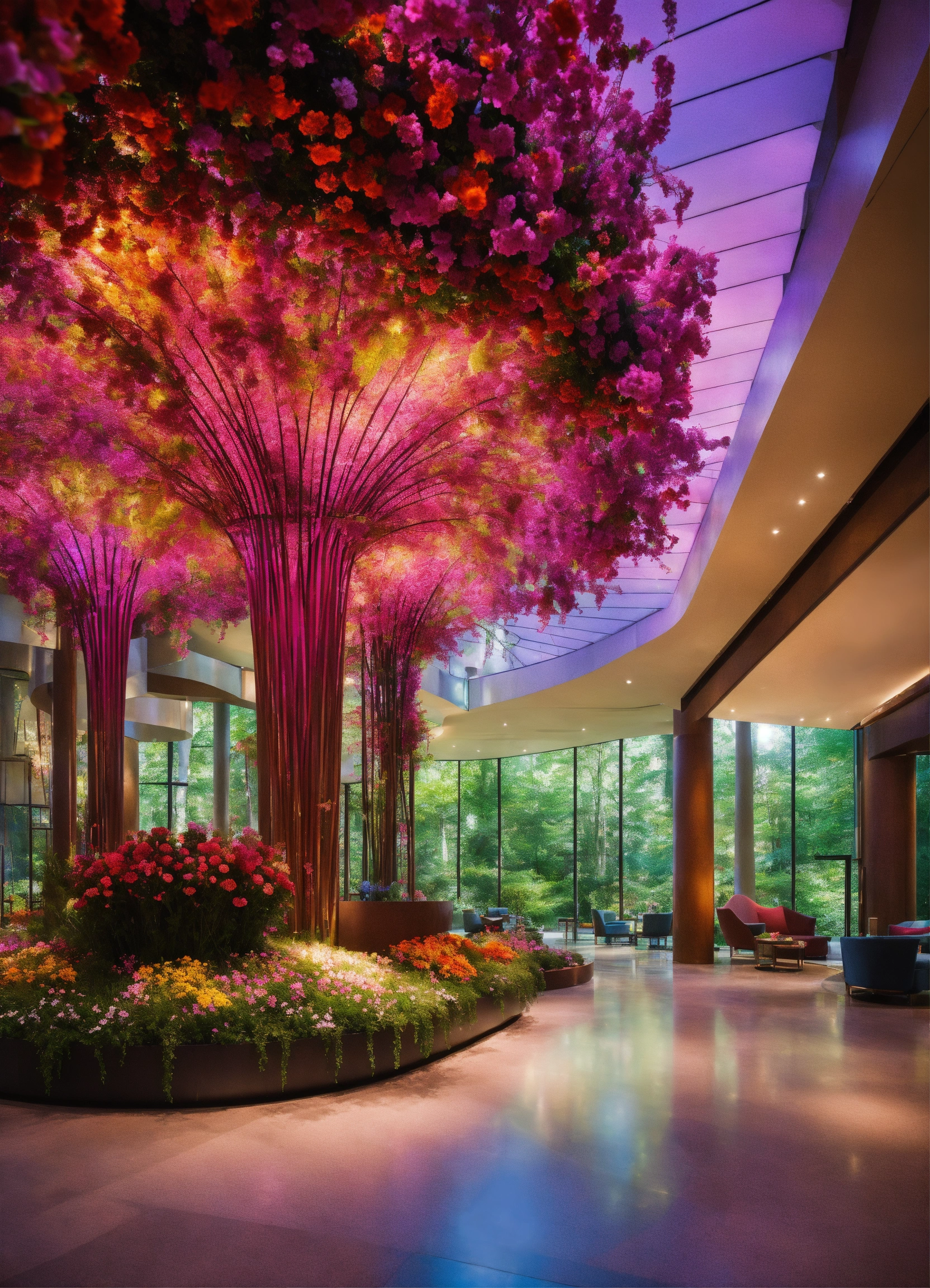 Lexica - Large elegant futuristic hotel lobby , in enchanted forest ...