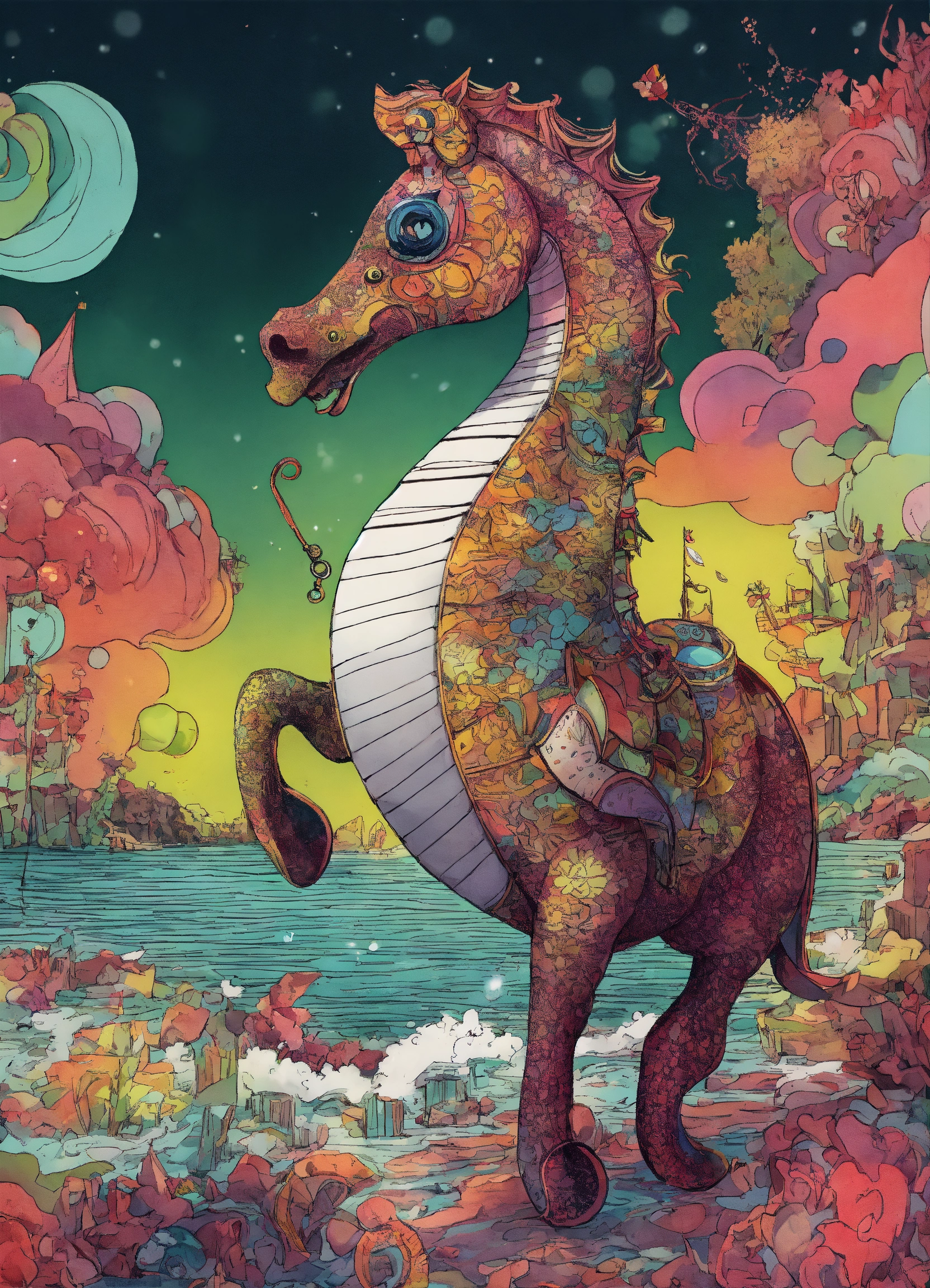 Lexica - An ink drawing of an anthropomorphic sea horse at a rave
