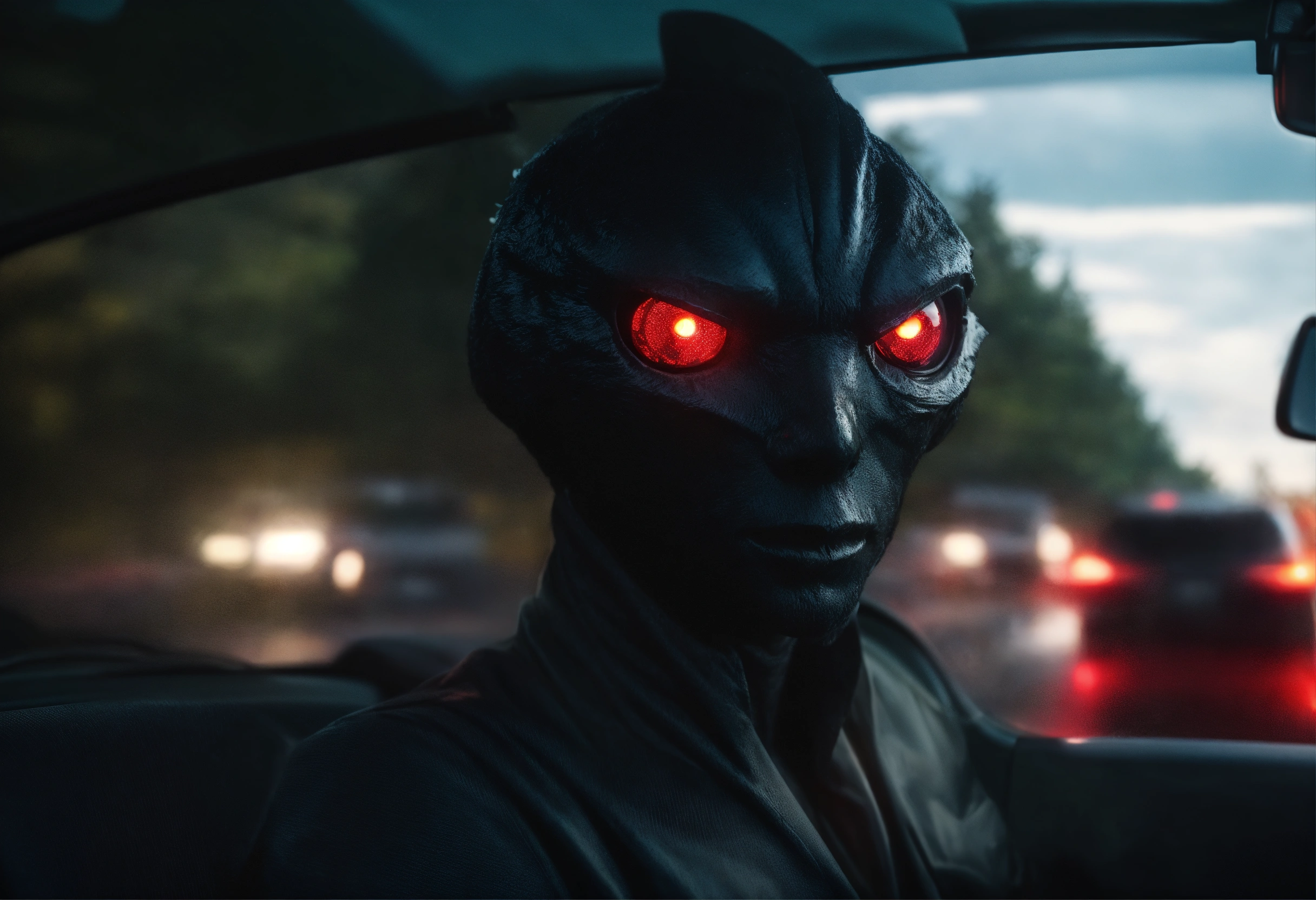 Lexica - Photorealistic, looking out of front windshield of car to see ...