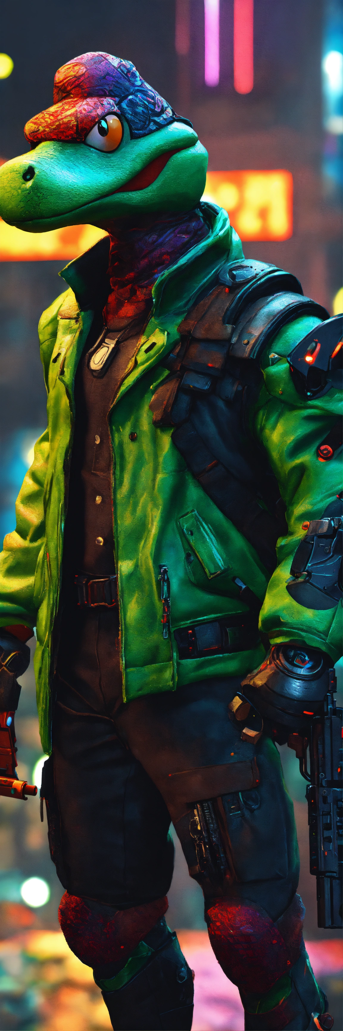 Lexica - Cyberpunk yoshi, gun pose, ultra realistic lighting