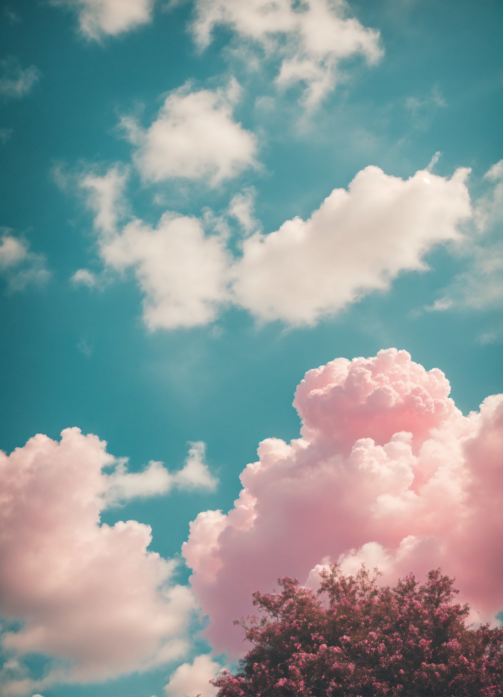Lexica - Light blue, sky shot, with cotton candy clouds, retro style.