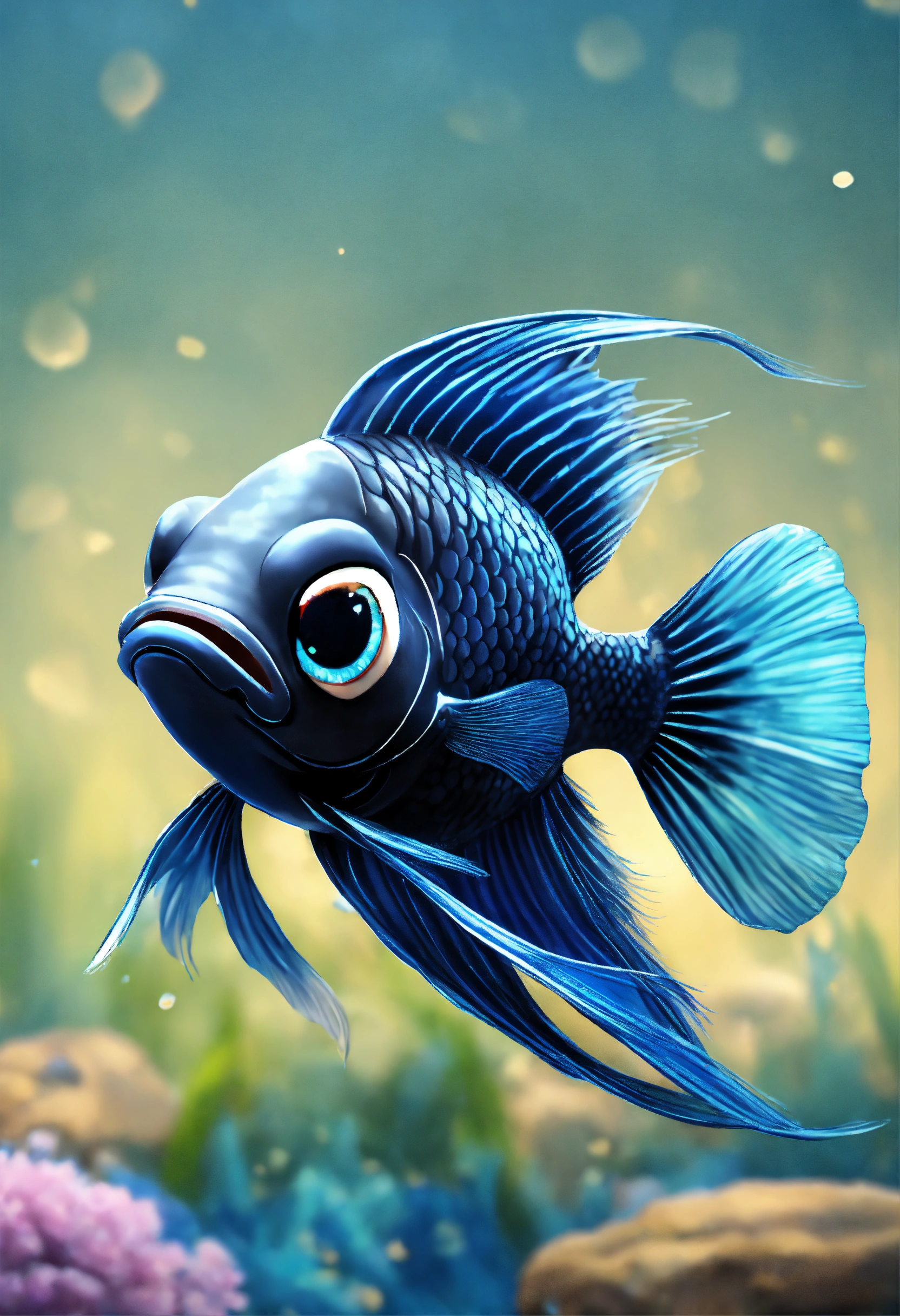 Lexica - A cute black baby beta fish, big and cute eyes, animated ...