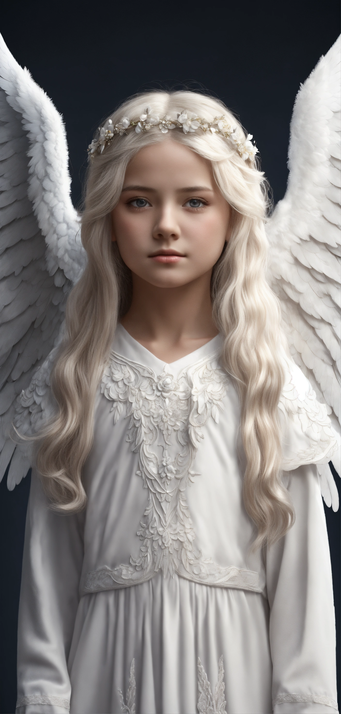 Lexica - Angel face 9 year old girl with white angel wings, large and ...