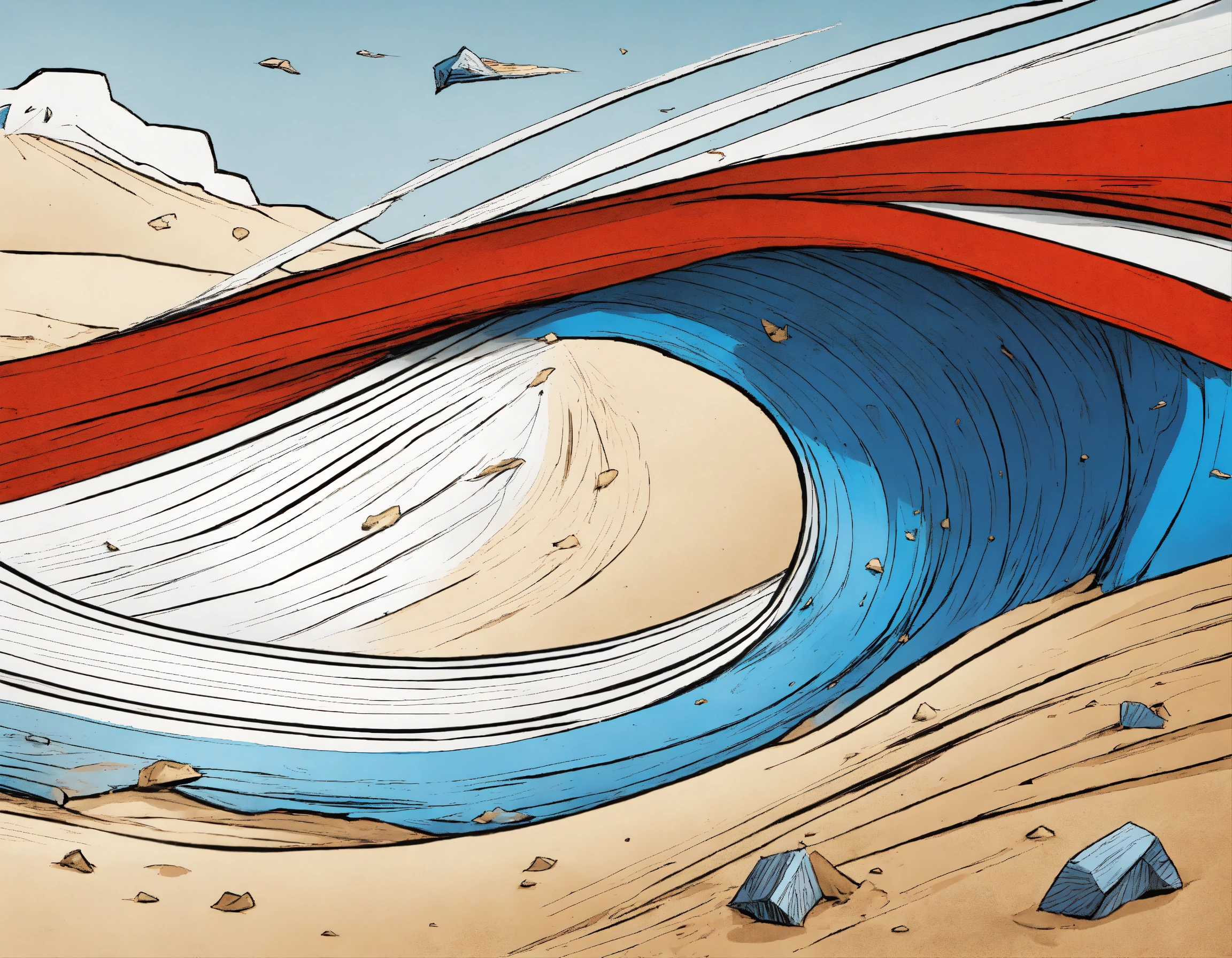 Lexica - Paper in the sand. Comic book style, color white blue and red