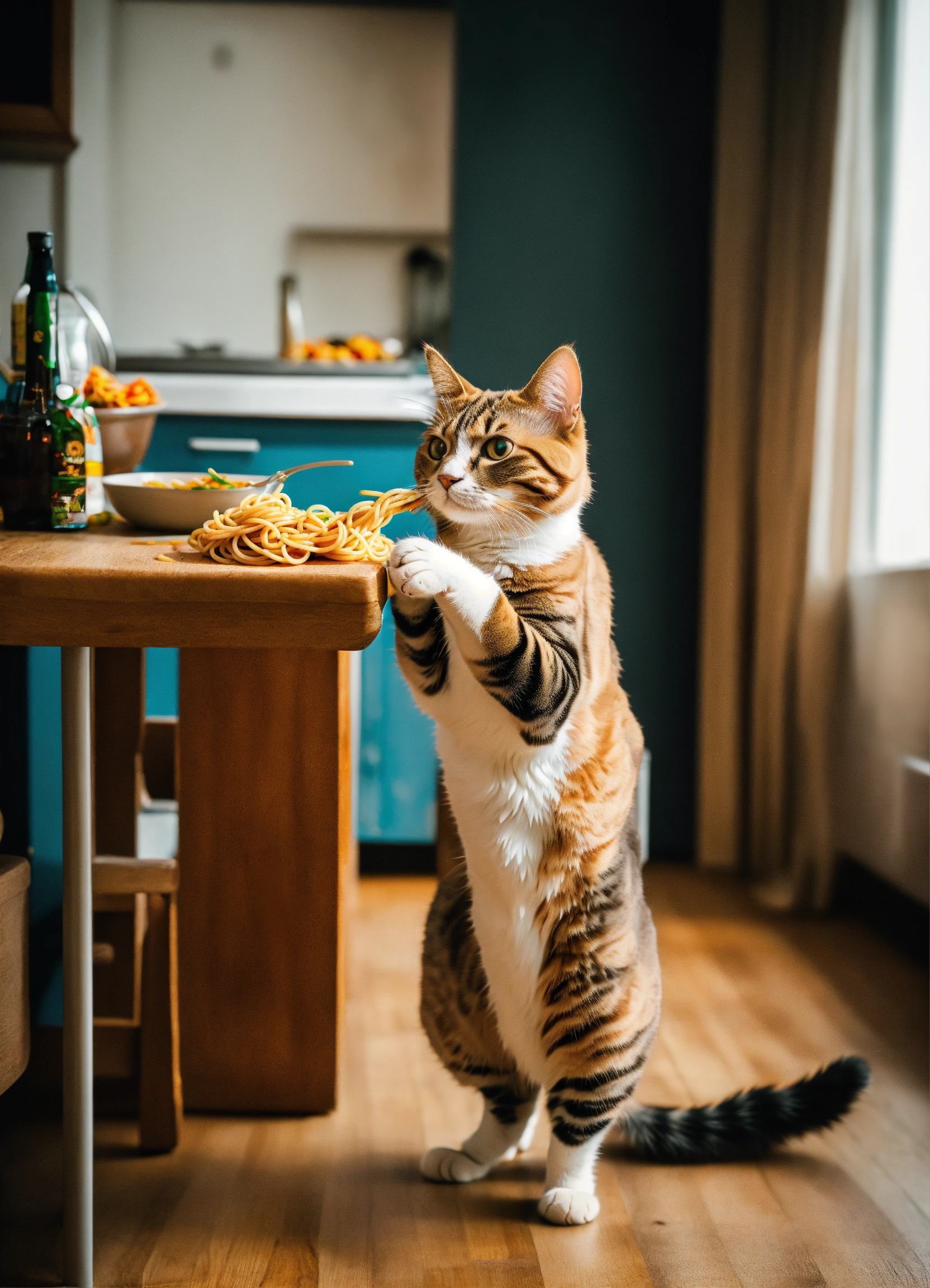 Lexica - A cat standing on 2 legs like a human, eating spaghetti