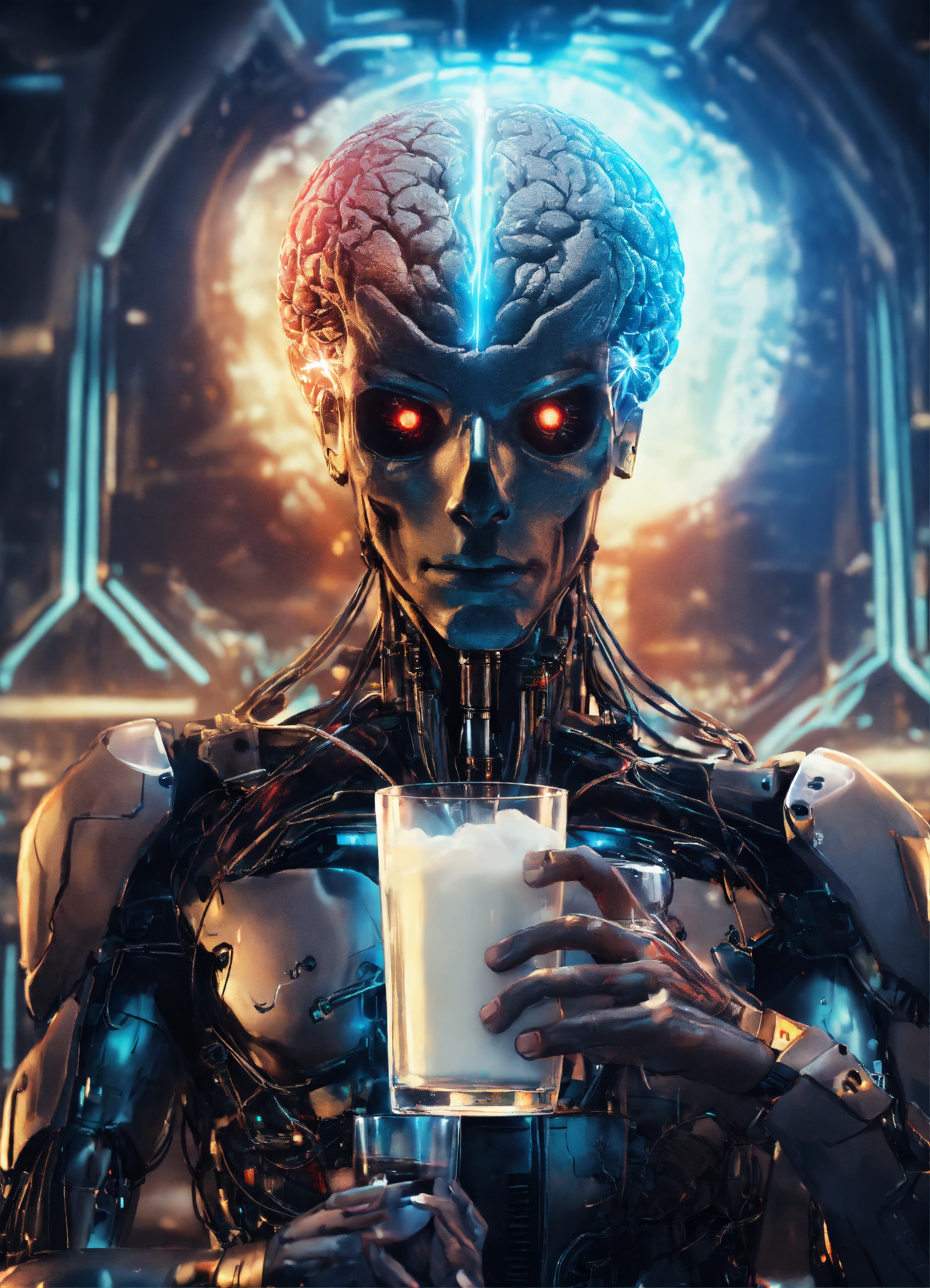 Lexica - Evil demonic AI god holding a glass of milk above a human brain, super advanced ...