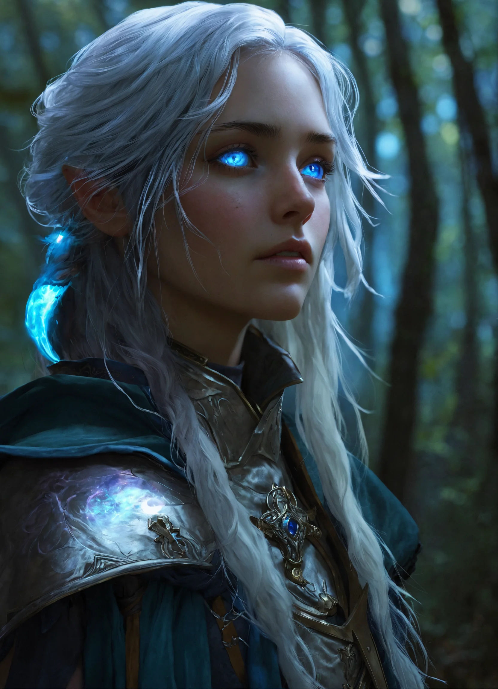 Lexica - Aasimar, Twilight Cleric, Silver hair, Blue eyes, glowing eyes ...
