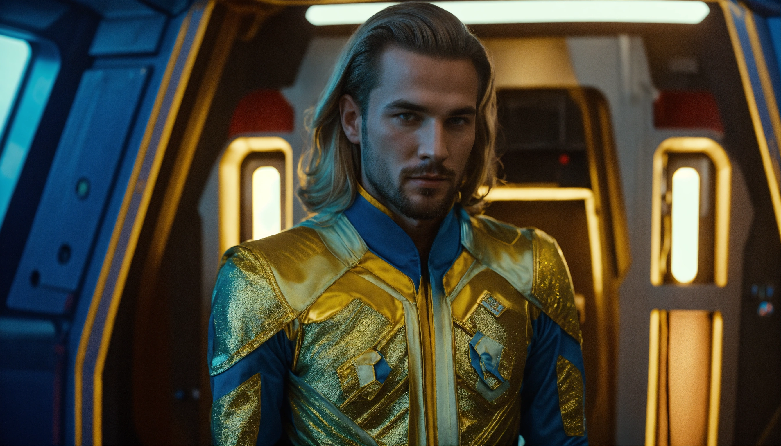 Lexica - Handsome galactic man in blue and gold jumpsuit, long light ...
