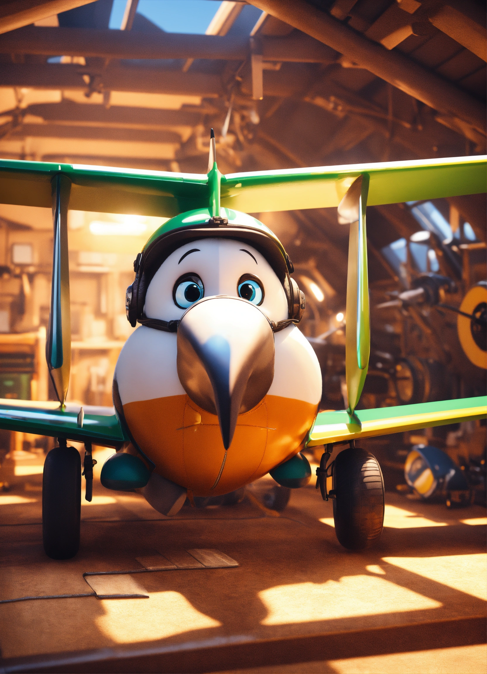 Lexica - A cute fluffy penguin pilot working on a plane in his shed ...