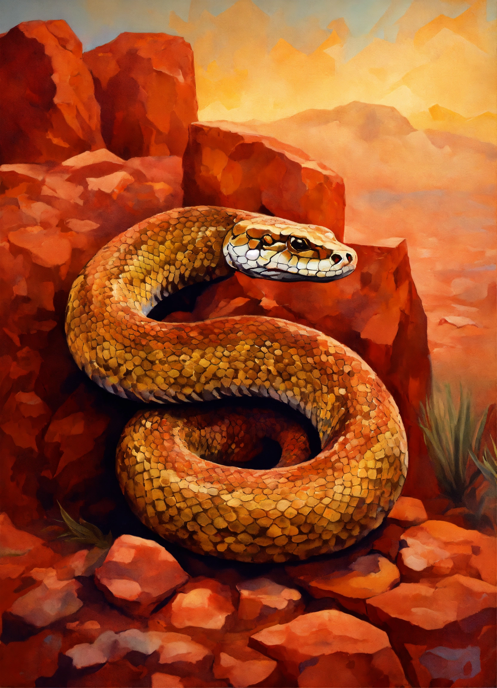 Lexica - Rattlesnake on a red rock geometric abstract art muted ...