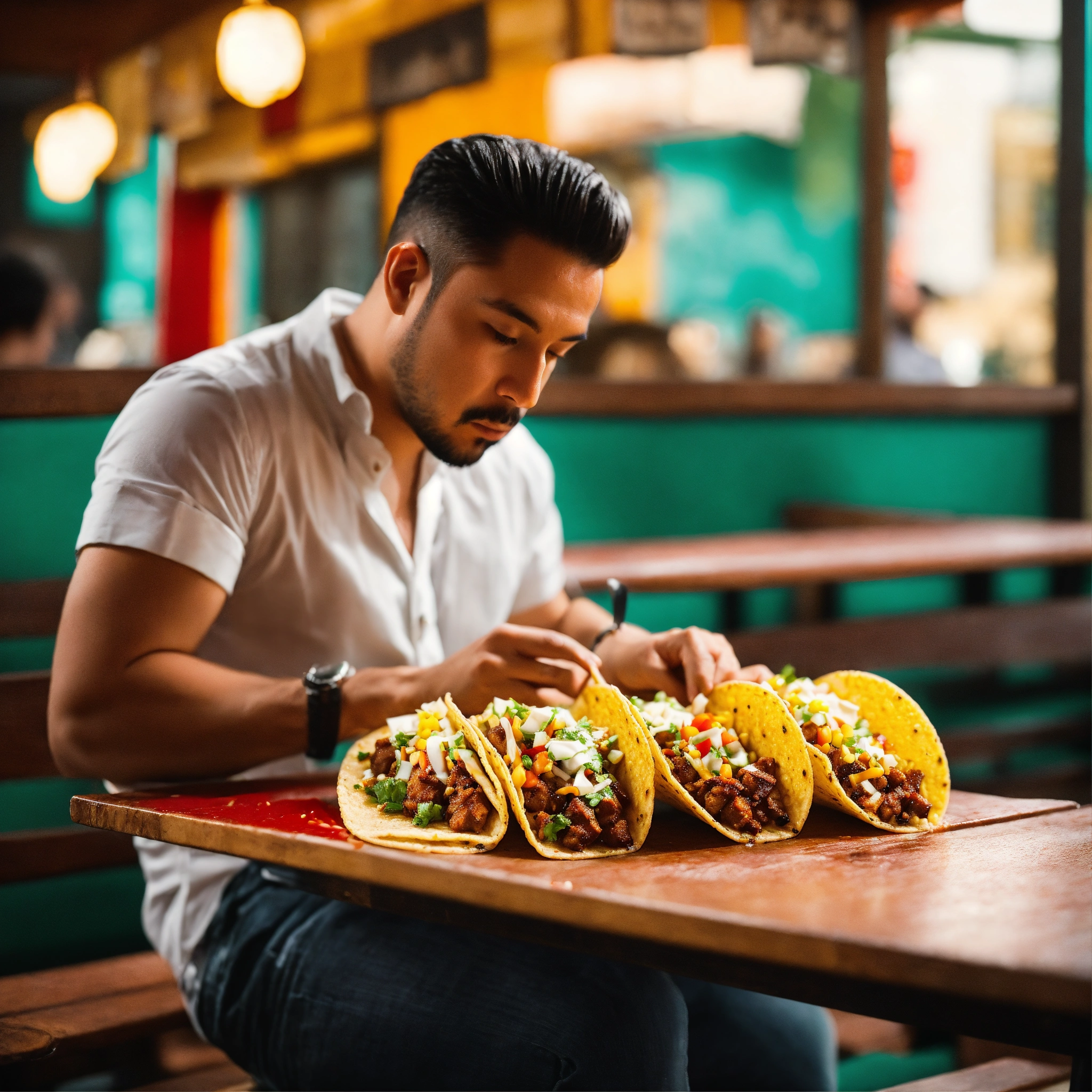 Lexica - An elegant food critic is sitting on a bench eating tacos al ...