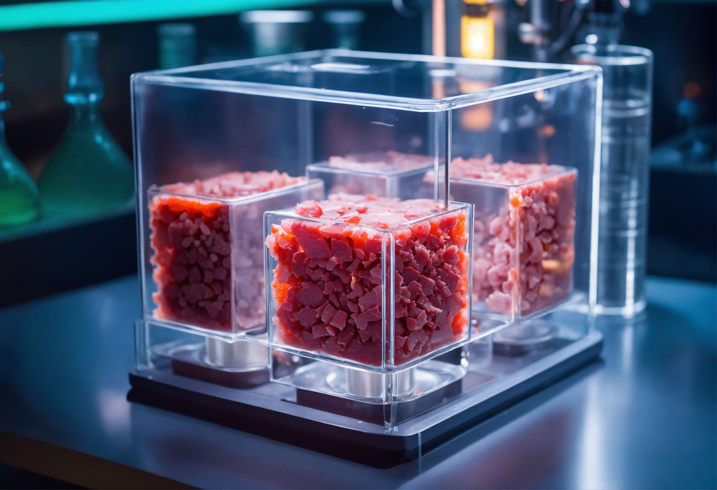 Lexica - Small cube of artificial meat in a futuristic scientific ...