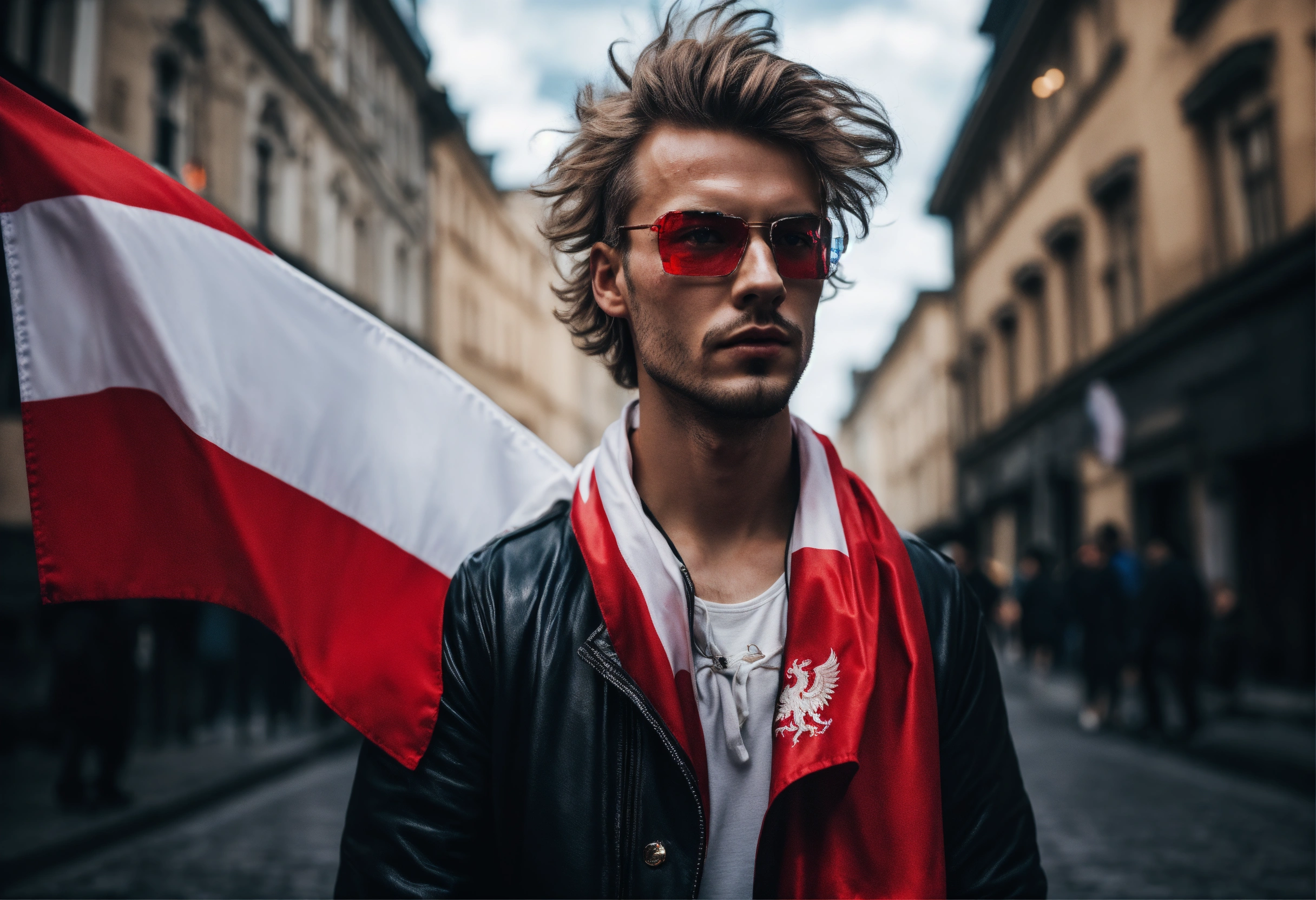 Lexica - Cyberpunk image of a beautiful man with Poland Flag, on street ...
