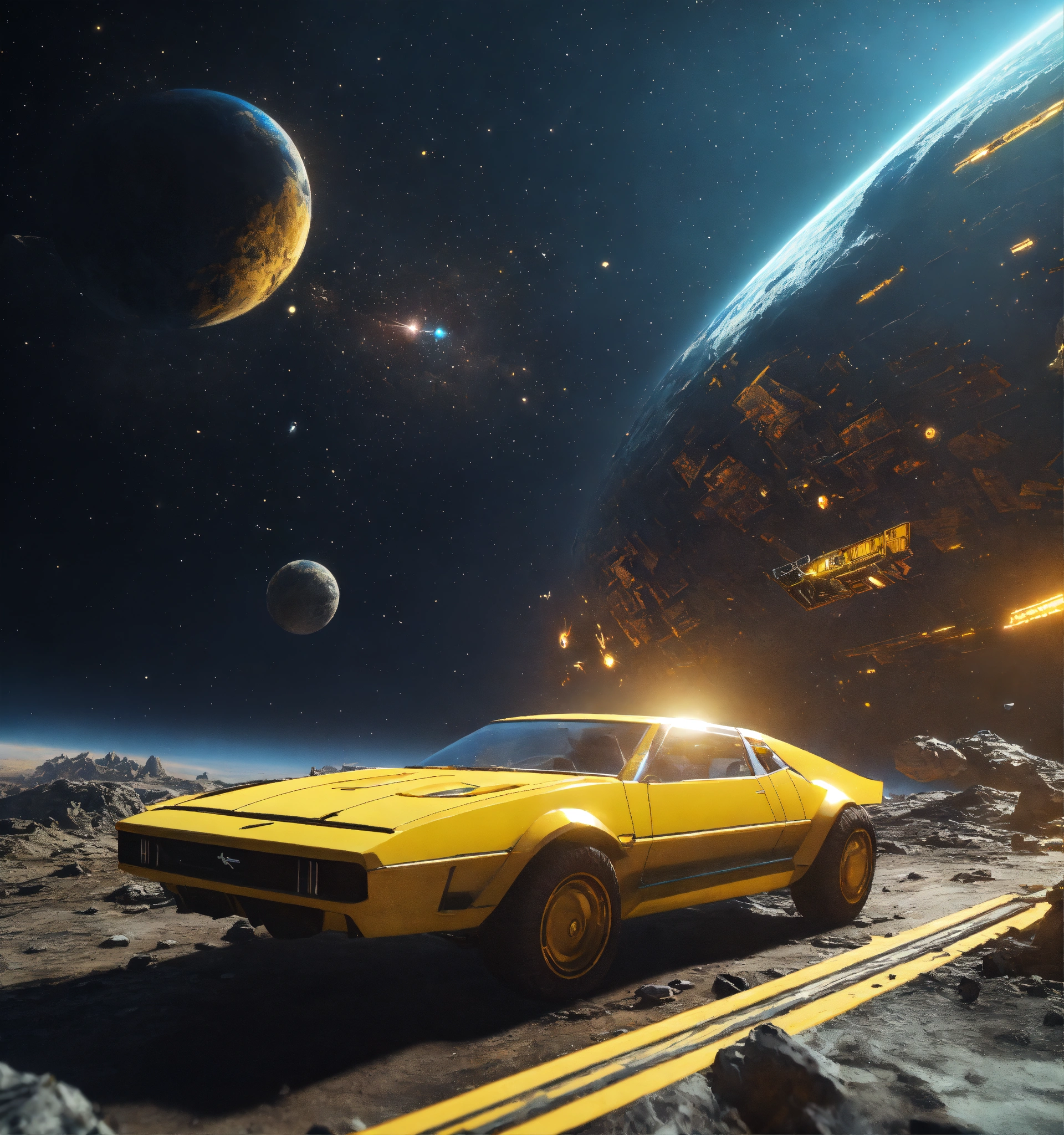 Lexica - Sleek flying yellow beat up futuristic clunker car shooting ...