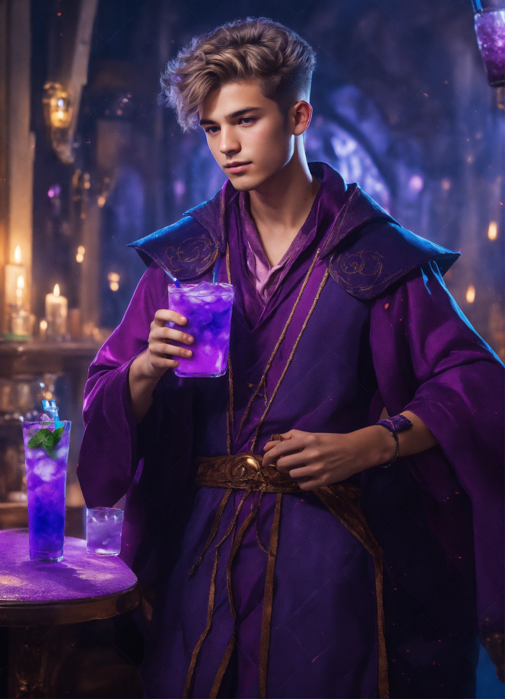 Lexica - Young wizard with with modern hairstyle holding a purple drink