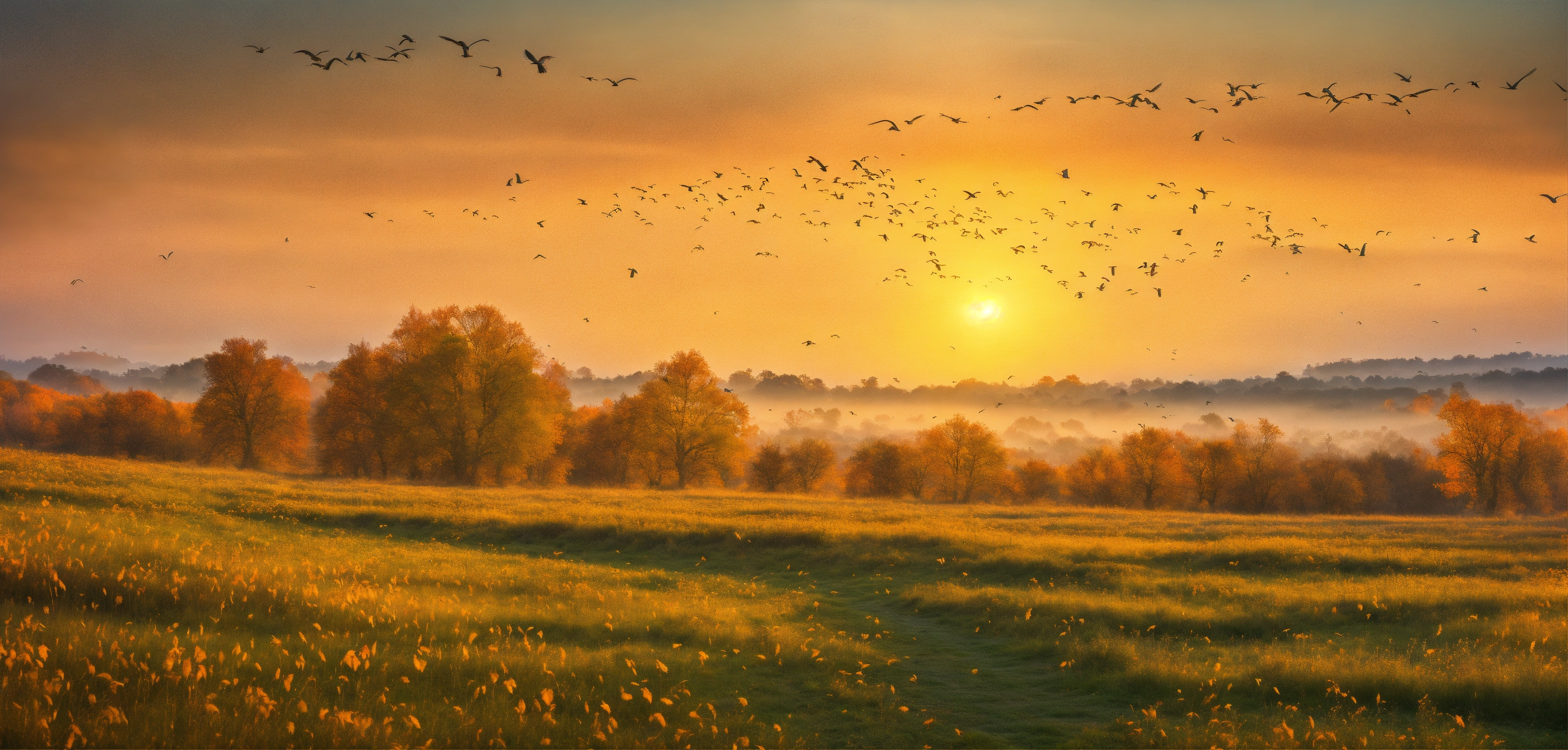 Lexica - A serene fall meadow landscape at dawn. high-definition photo ...