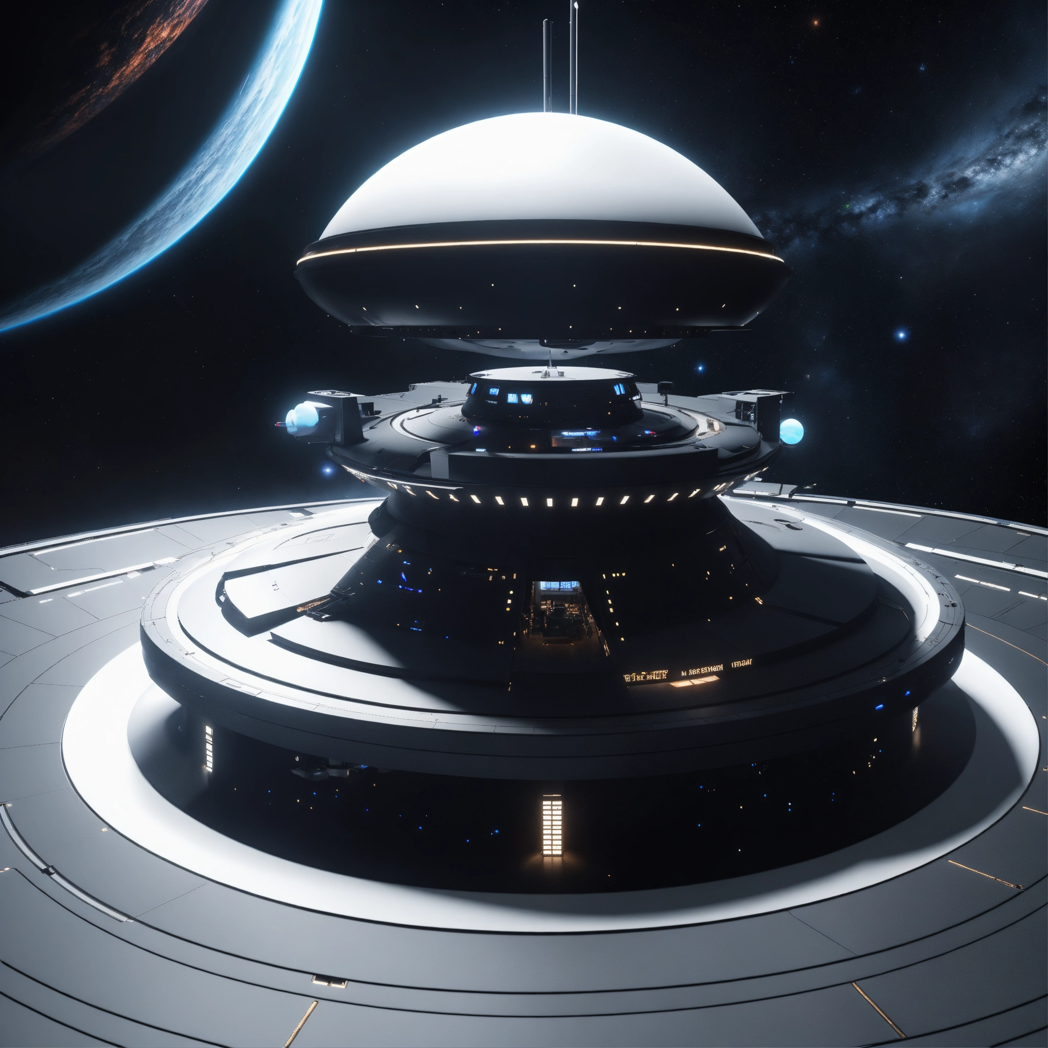 Lexica - Black space yacht docking at a beautiful white spinning top ...
