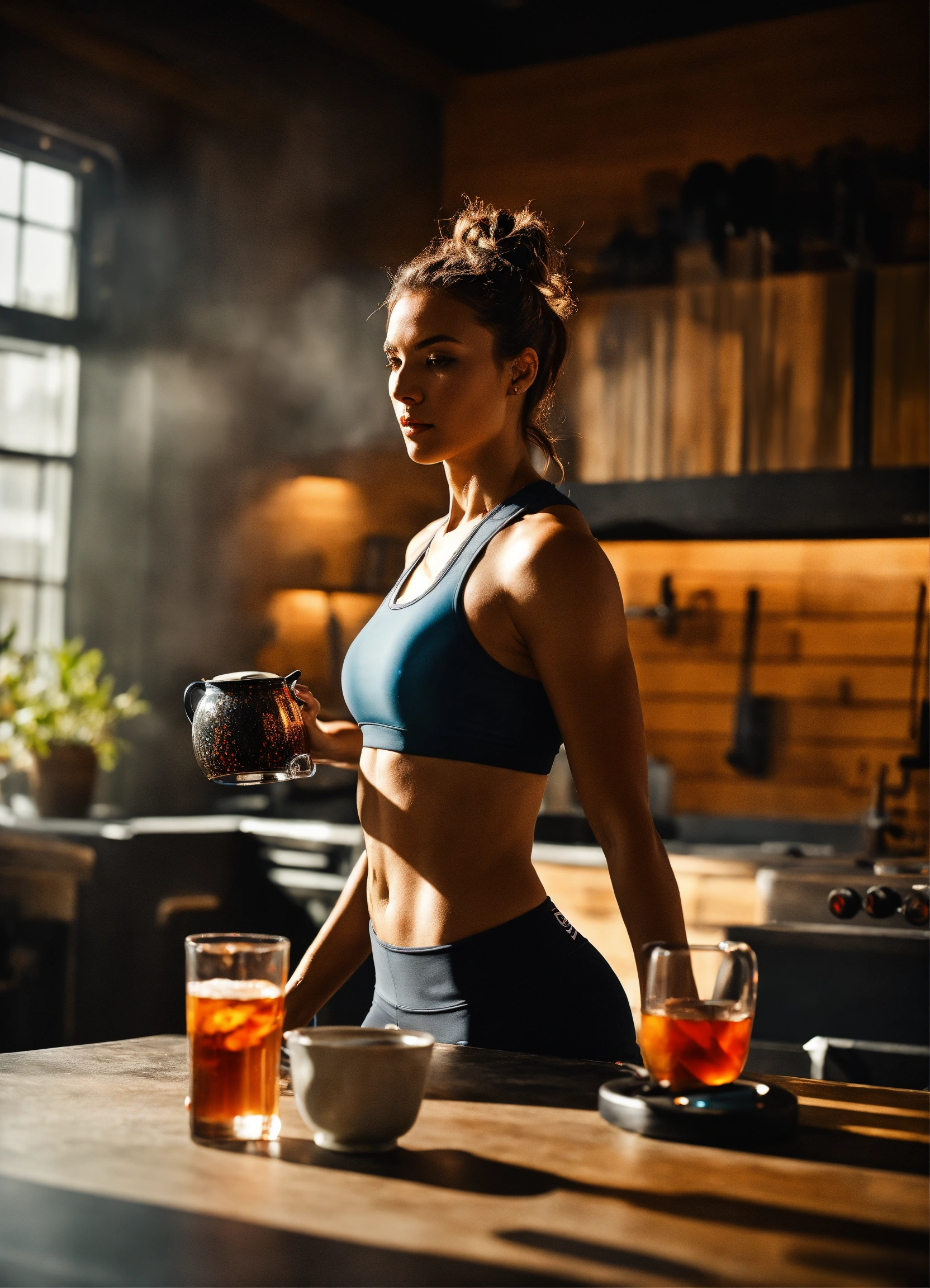 Lexica - Fitness modell drinks streaming hot tea, Crossfit gym, training, elegant, luxury, clean ...