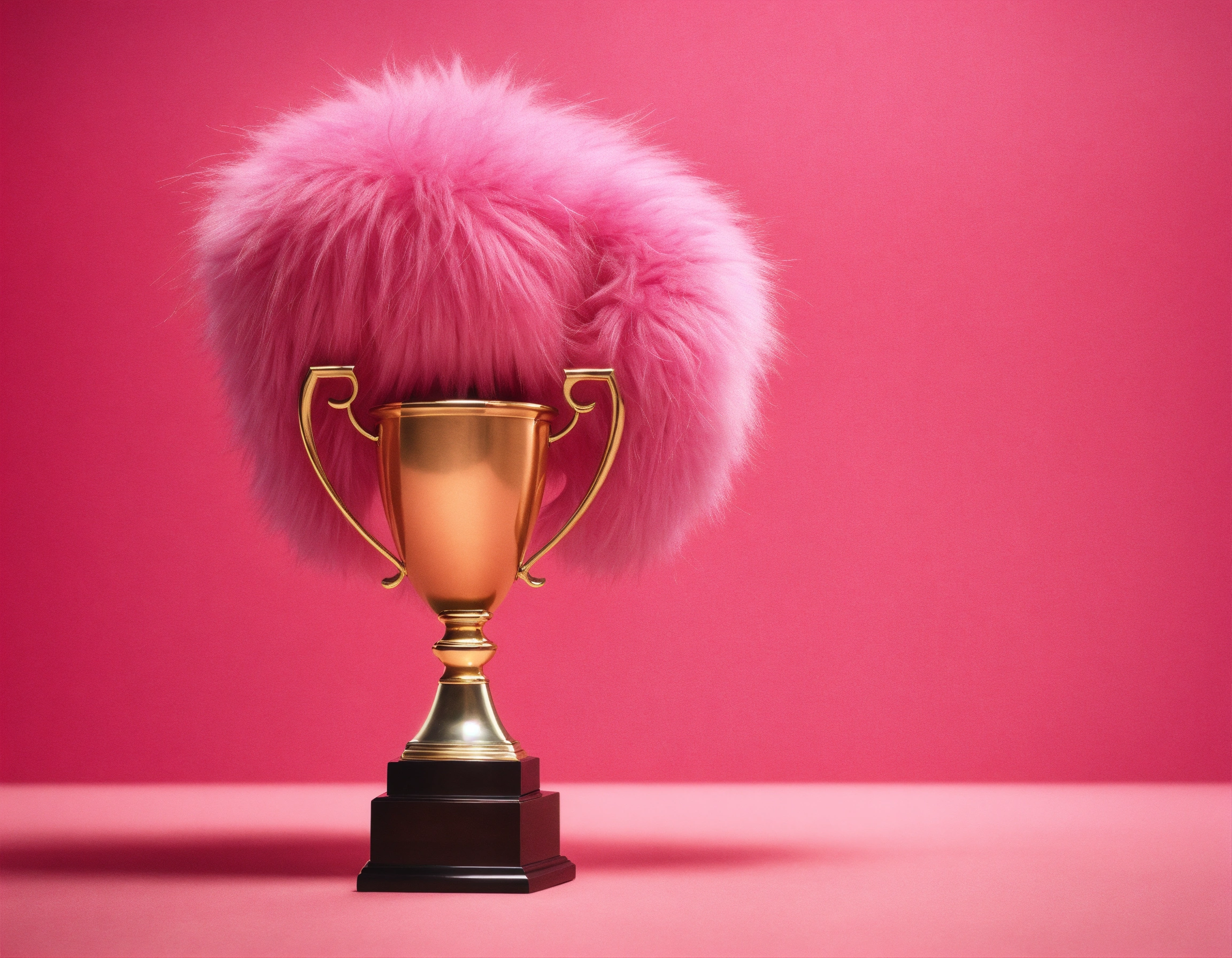 Lexica - Pink furry puppet hand holding a trophy, realistic