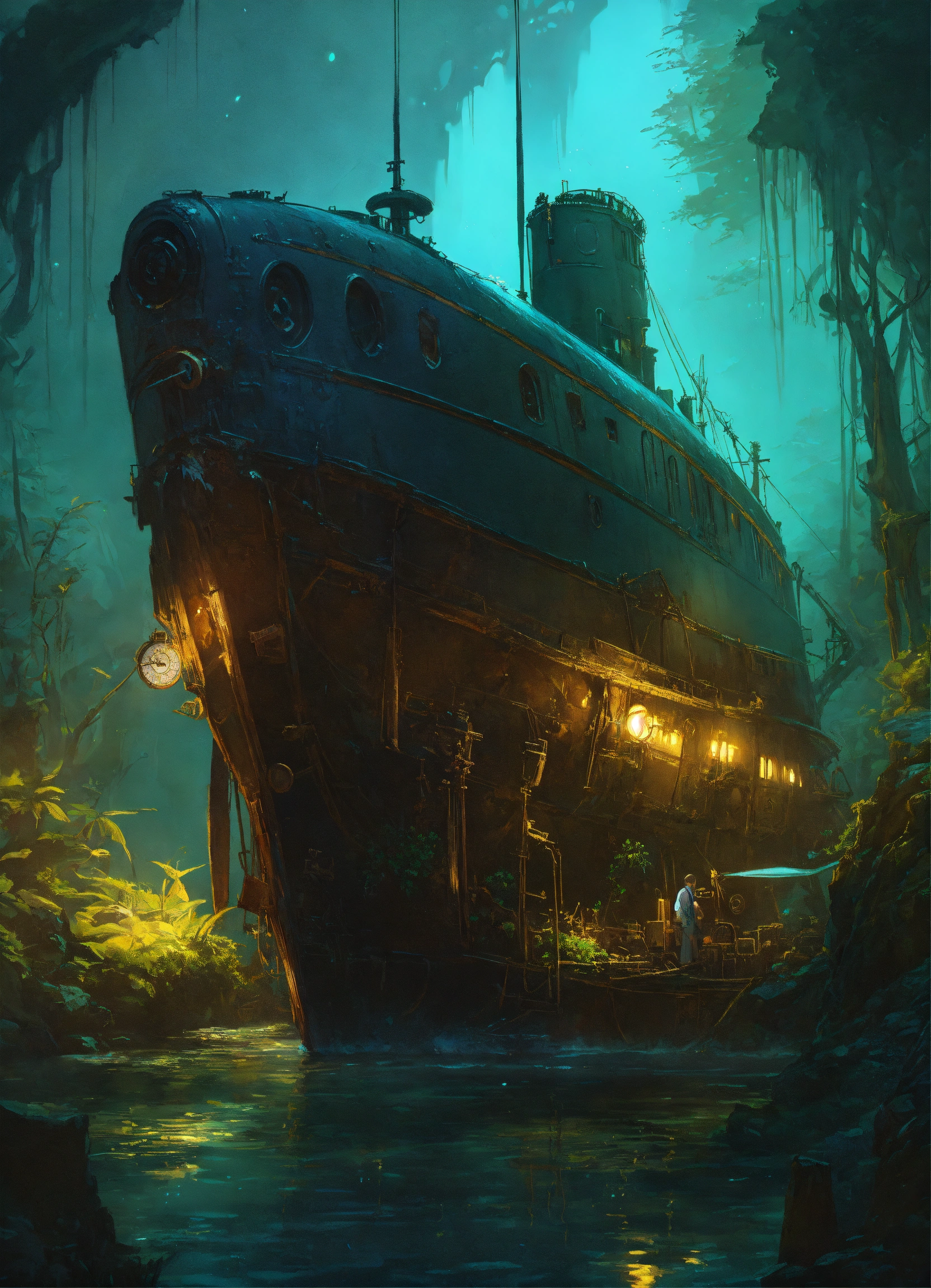 Lexica - Beached steampunk submarine shipwreck in swamp, dark ...