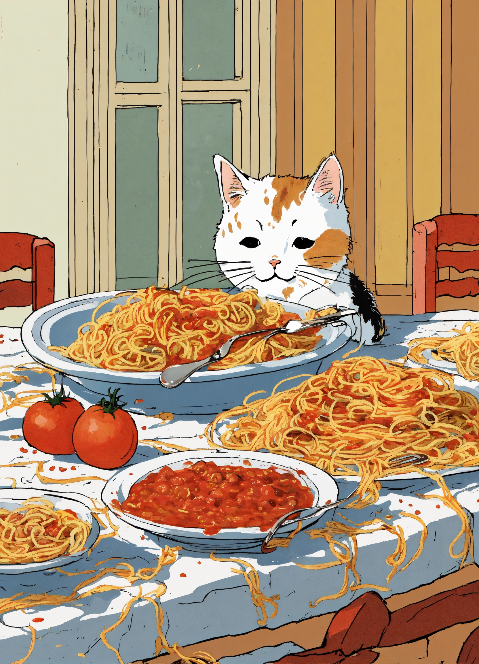 Lexica - A cute white with brown spots cat eating messy spaghetti with ...