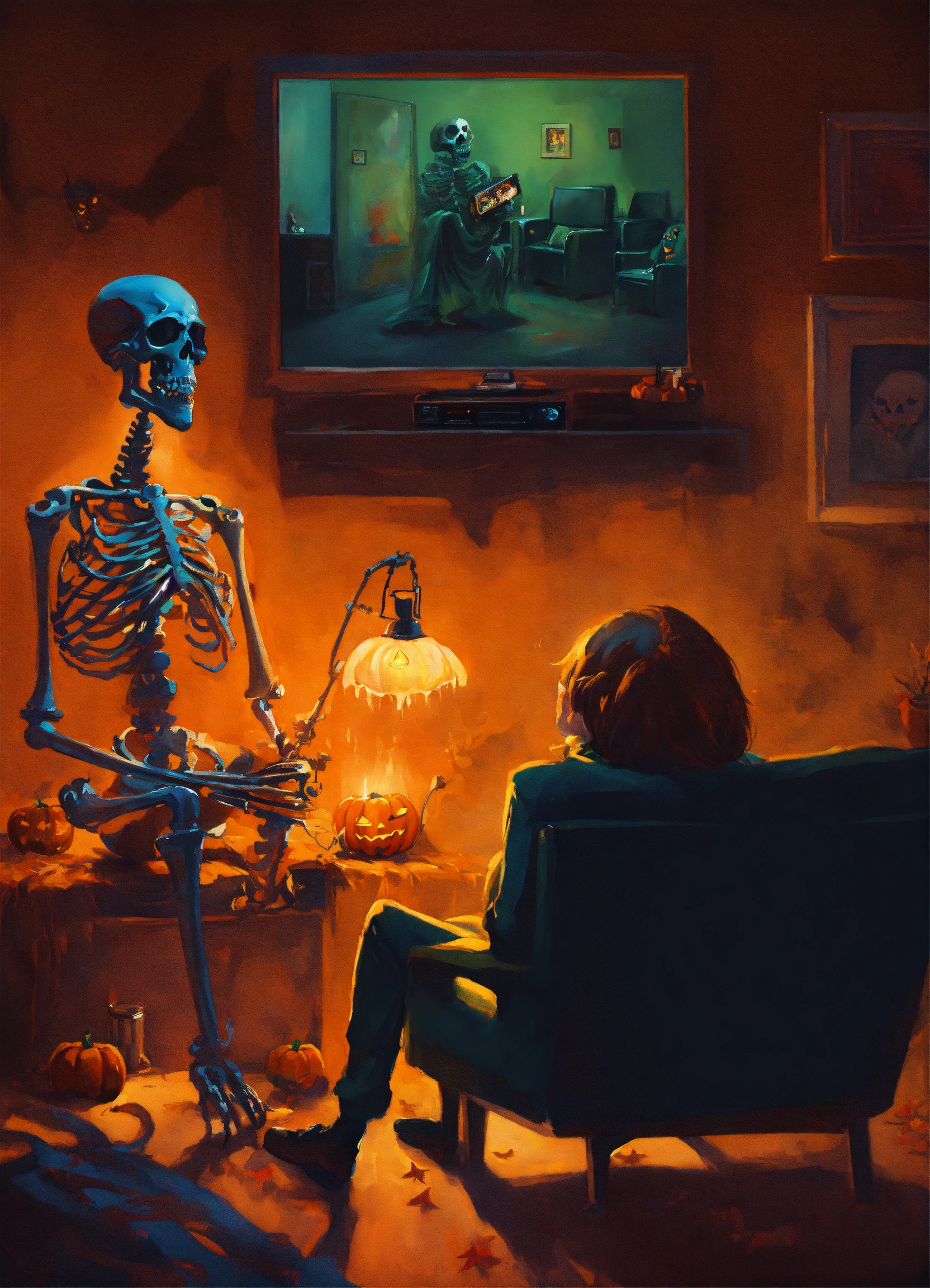 Lexica - A painting of a lazy skeleton and monster watching television ...