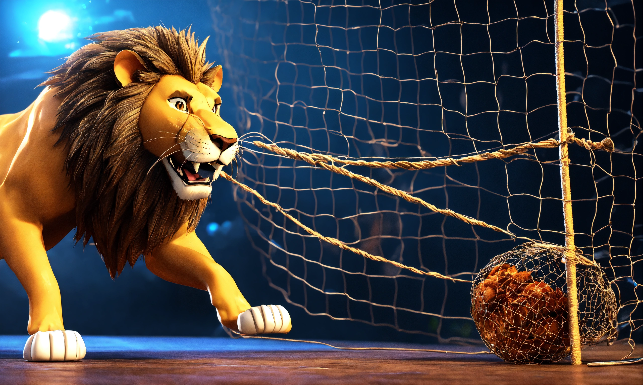 Lexica - Cartoon 3d big lion trapped in net, mouse cutting net by its teeth