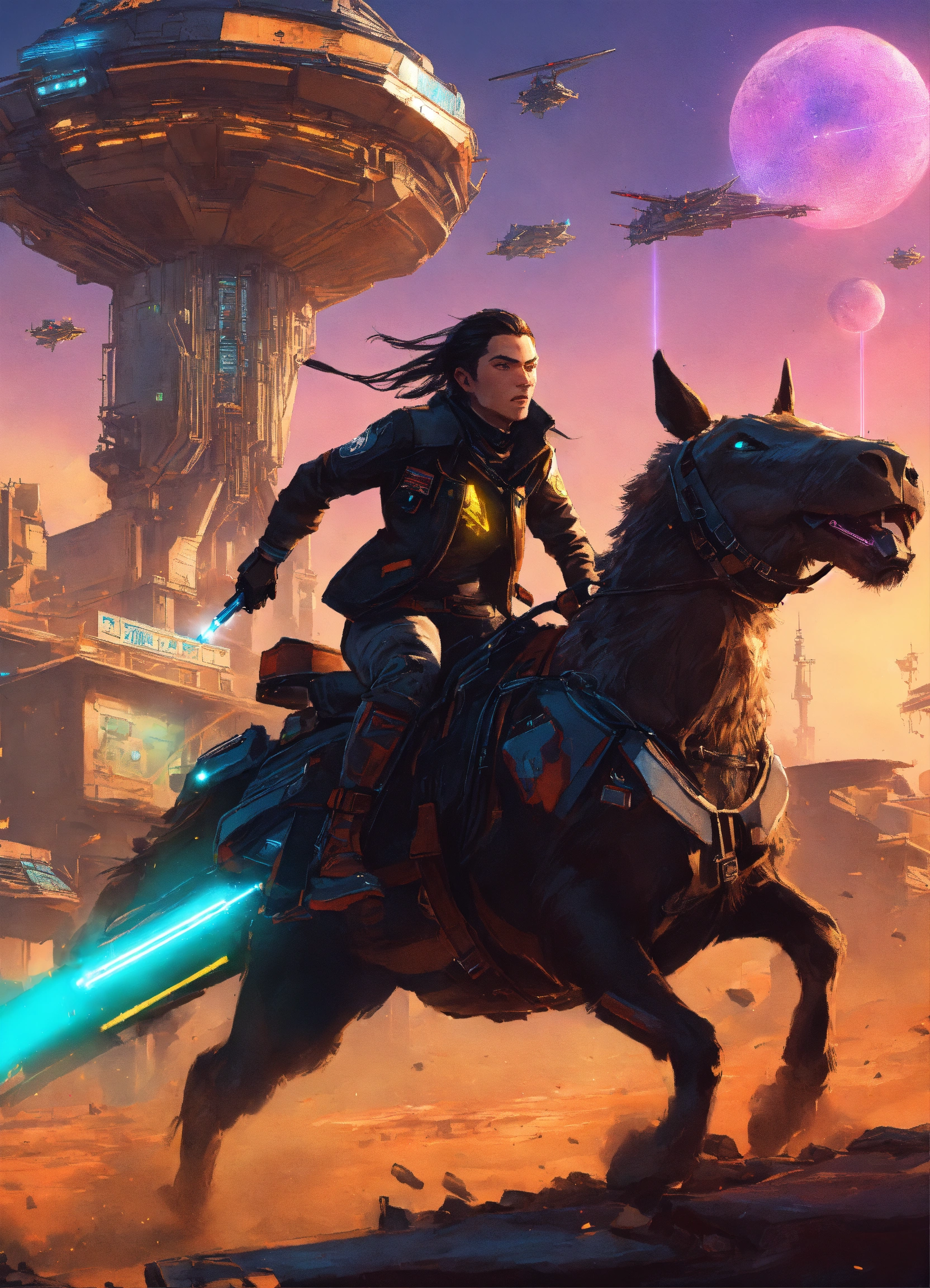 Lexica - Two outlaws, a man and woman, ride on horseback through the ...