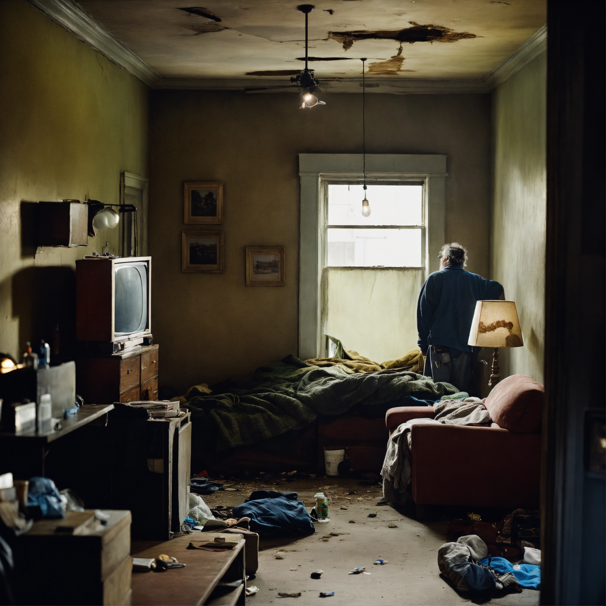 Lexica - Cinematic photograph of a homeless man looking up into a large ...