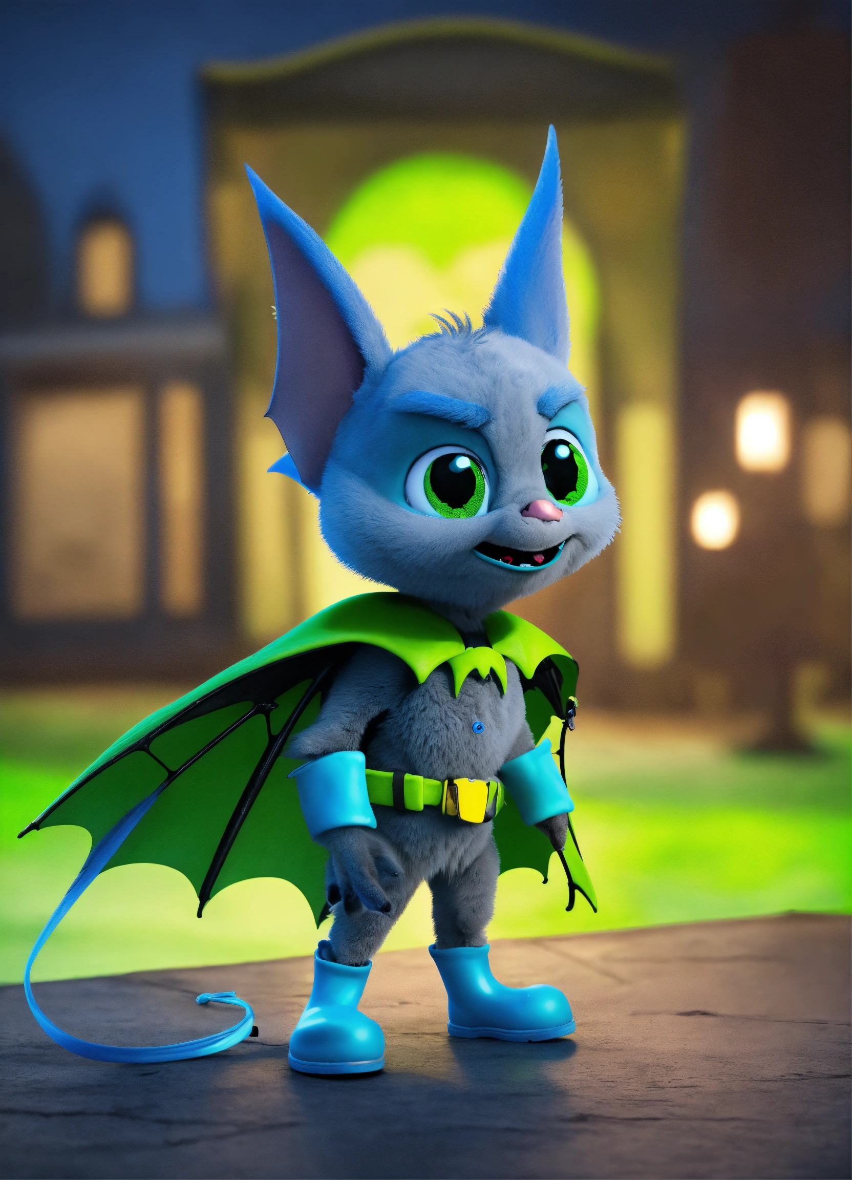 Lexica - A gray cartoon bat with one eye, bright green wings, and blue ...