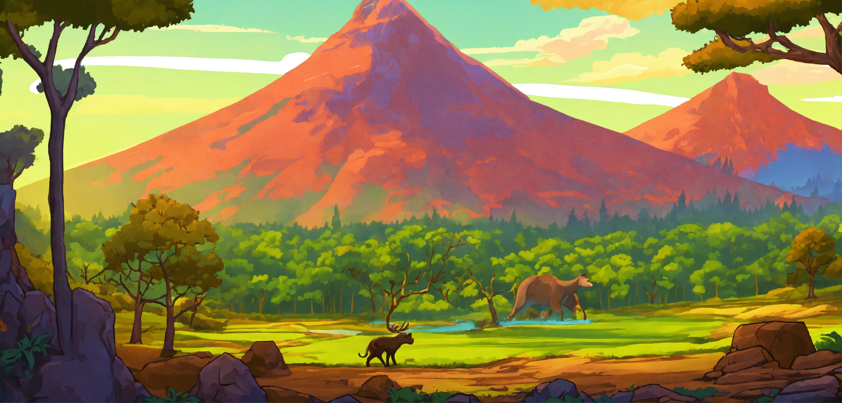 Lexica - 2d cartoon prehistoric landscape with a forest and a vulcan on ...