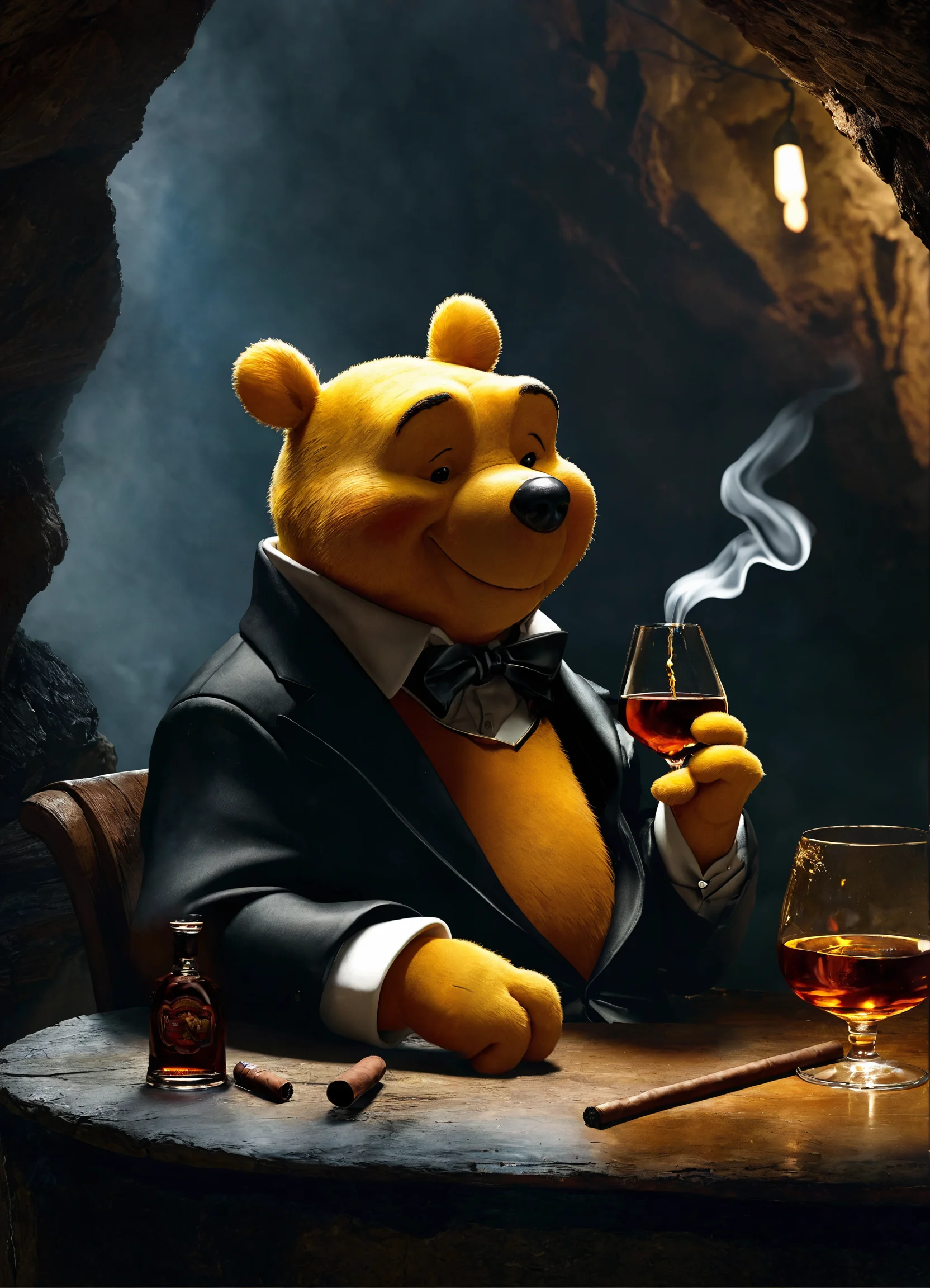 Lexica - Winnie the pooh in a tuxedo, serious look on his face, sitting ...