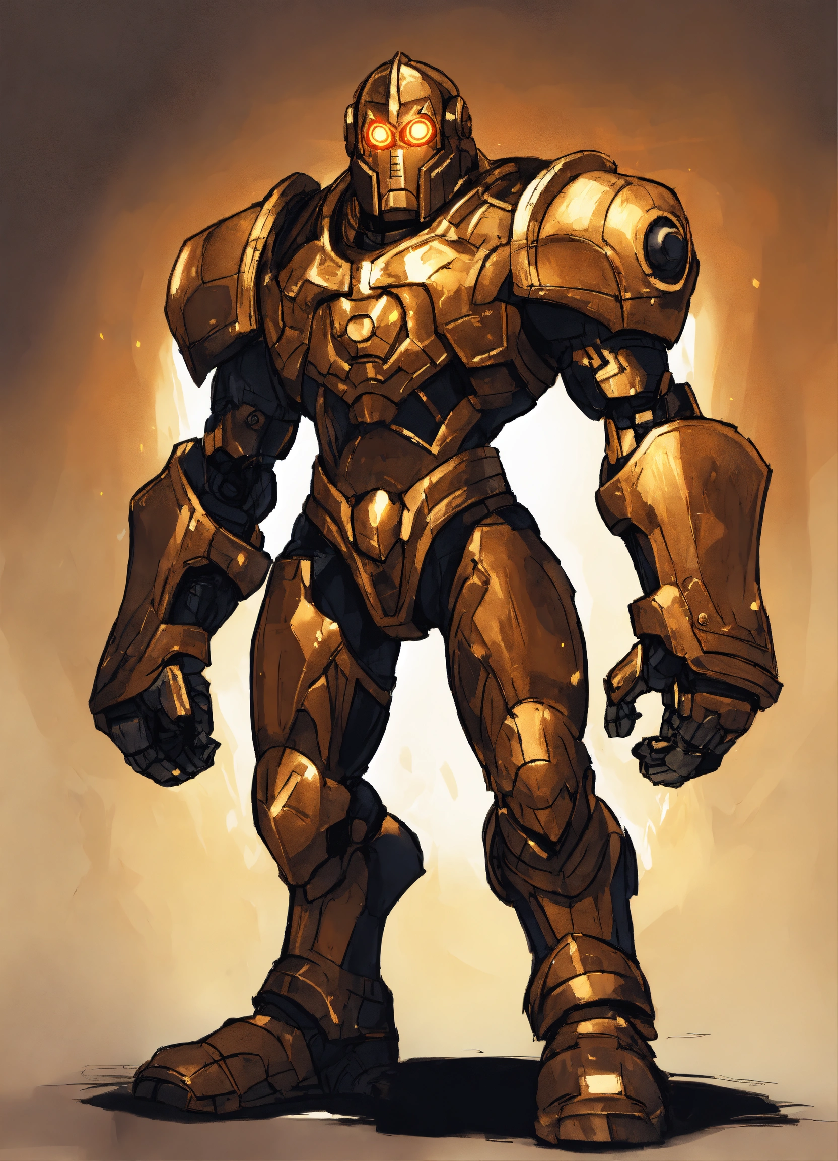 Lexica - Drawing of buff ancient bronze warforged robot holding fists in a boxers pose. white ...
