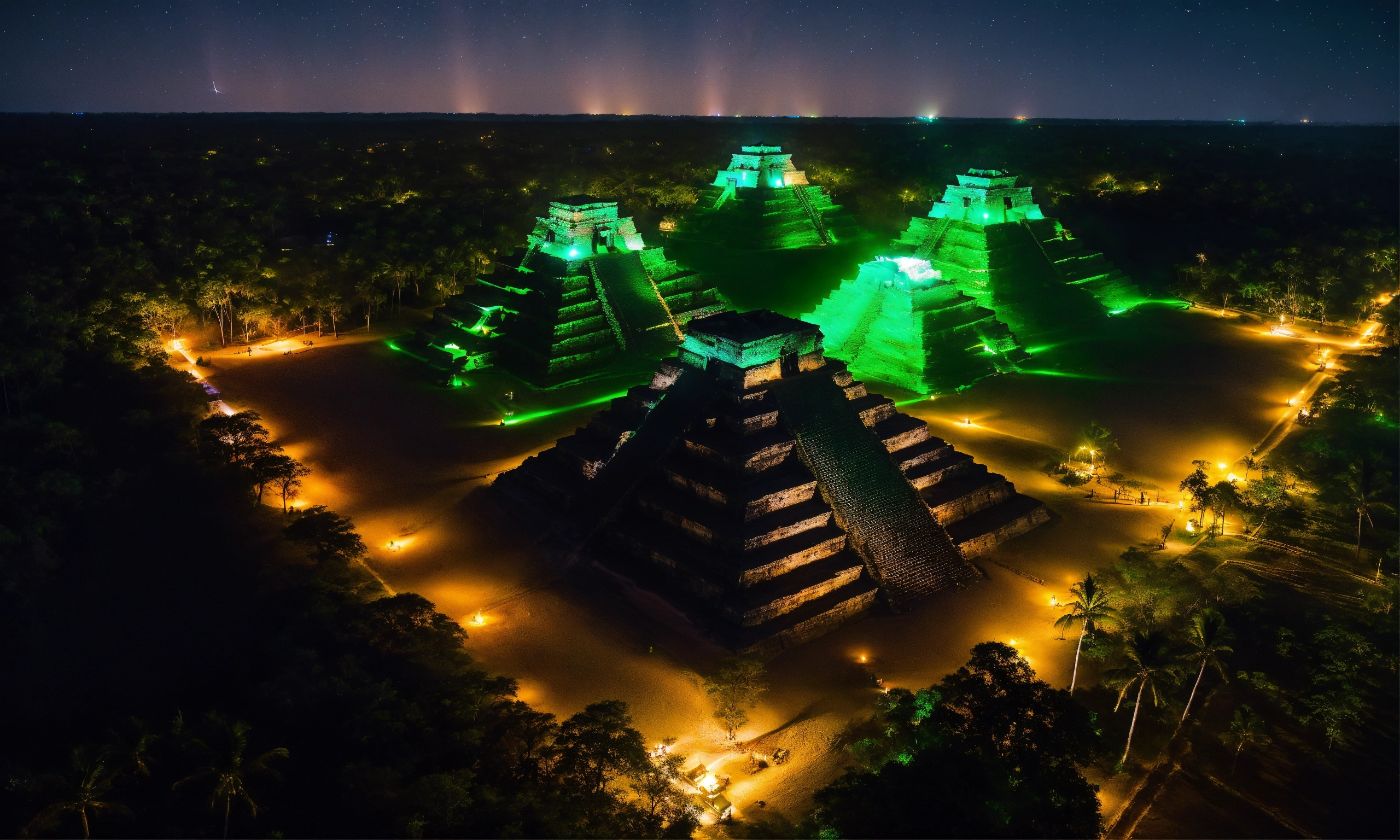 Lexica - Aerial view of three Mayan pyramids emitting a beam of green ...