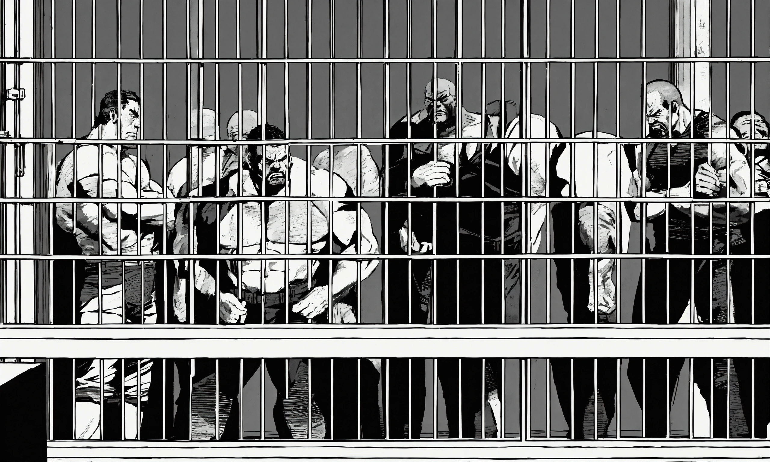 Lexica - A black and white illustration of angry men in jail, behind ...