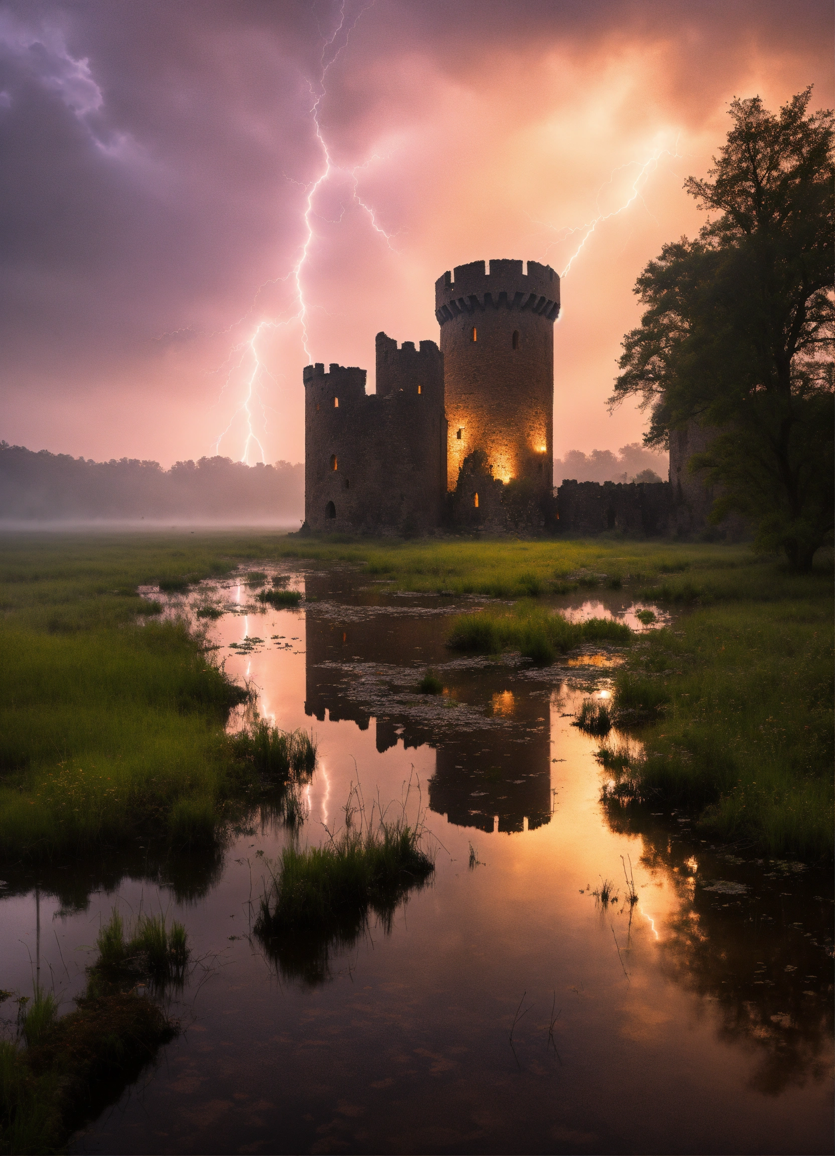 Lexica - Ruin of a stone castle in the middle of a foggy swamp ...
