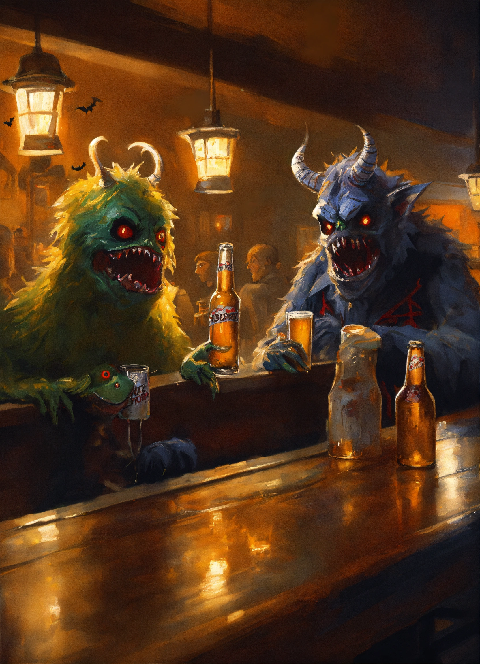 Lexica - Painting of cute Halloween monsters drinking beer at a bar ...
