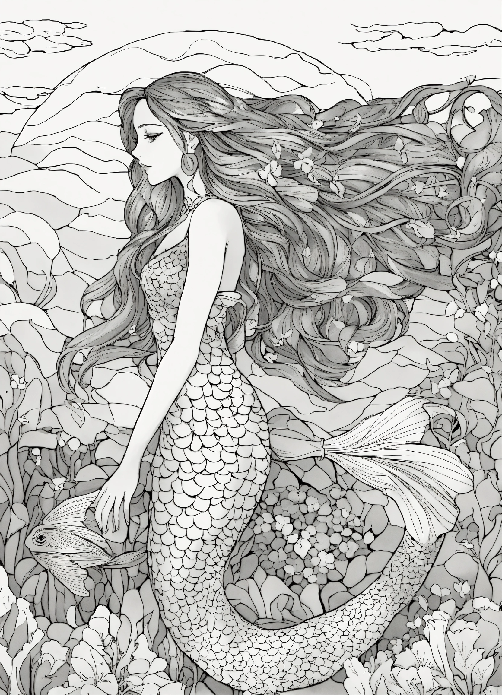Lexica - Create an intricate and captivating uncolored mermaid ...