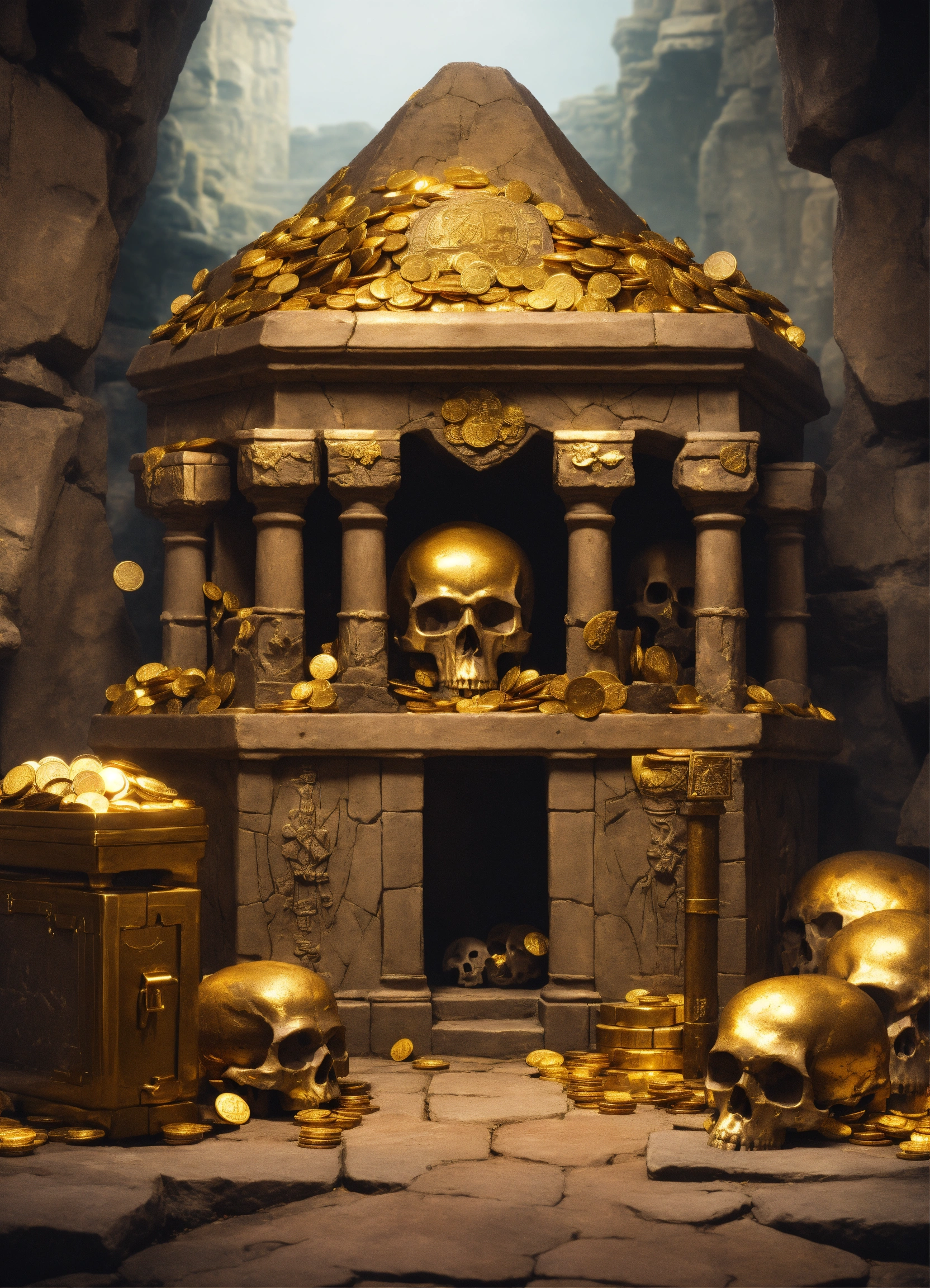 Lexica - Large Medieval looking tomb with large skulls, treasure chests ...